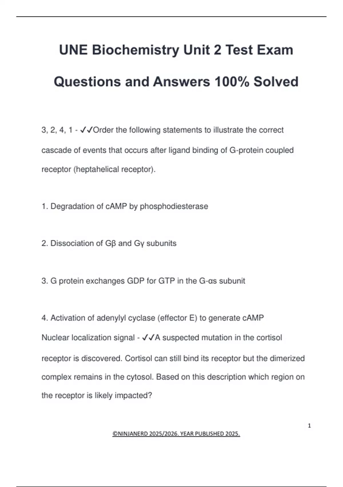 UNE Biochemistry Unit 2 Test Exam Questions and Answers 100% Solved ...