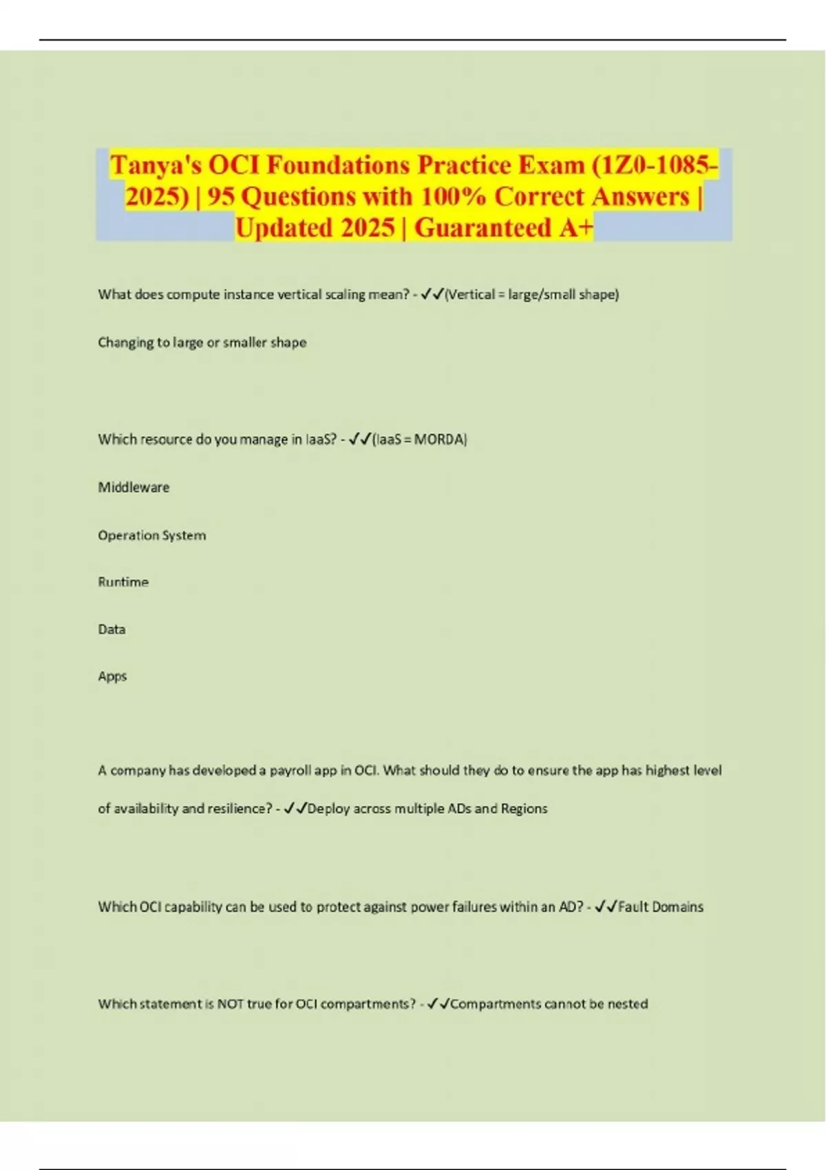 Tanya's OCI Foundations Practice Exam (1Z) | 95 Questions with 100% Correct Answers | Updated ...