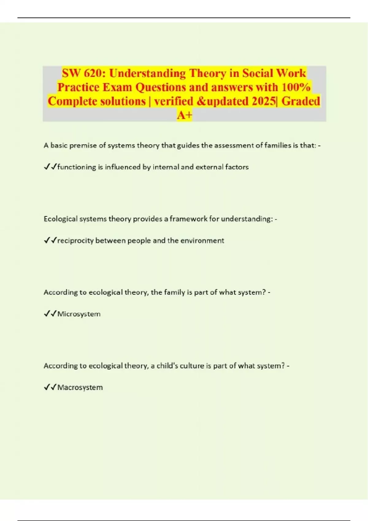 SW 620: Understanding Theory in Social Work Practice Exam Questions and ...