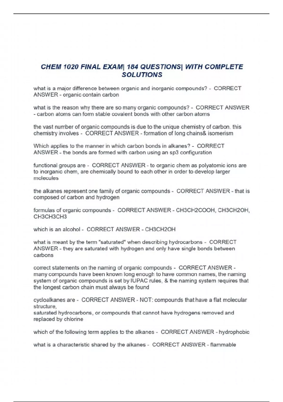 CHEM 1020 FINAL EXAM| QUESTIONS| ANSWERS | WITH COMPLETE SOLUTIONS ...