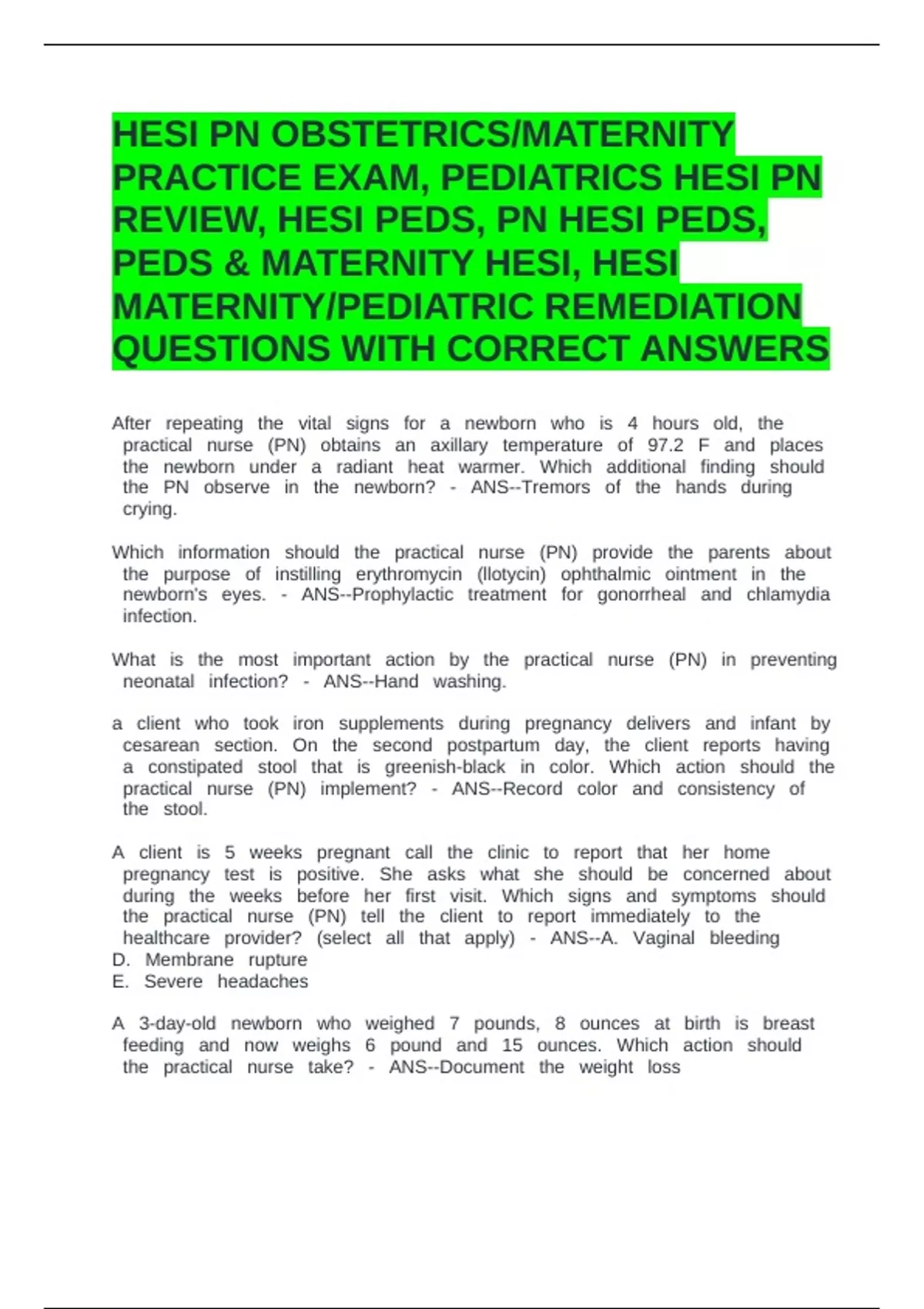 HESI PN OBSTETRICS/MATERNITY PRACTICE EXAM, PEDIATRICS HESI PN REVIEW ...