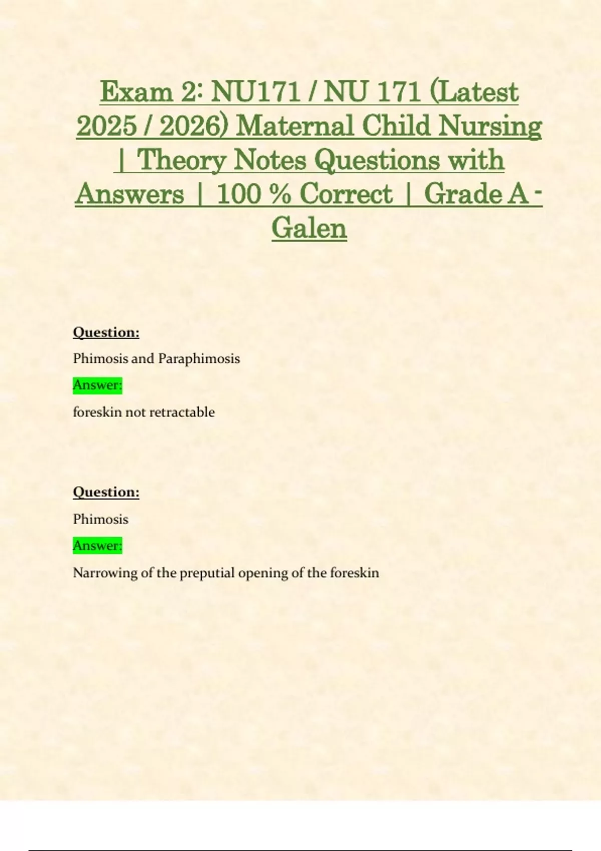 Exam 2: NU171 / NU 171 (Latest 2025 / 2026) Maternal Child Nursing ...
