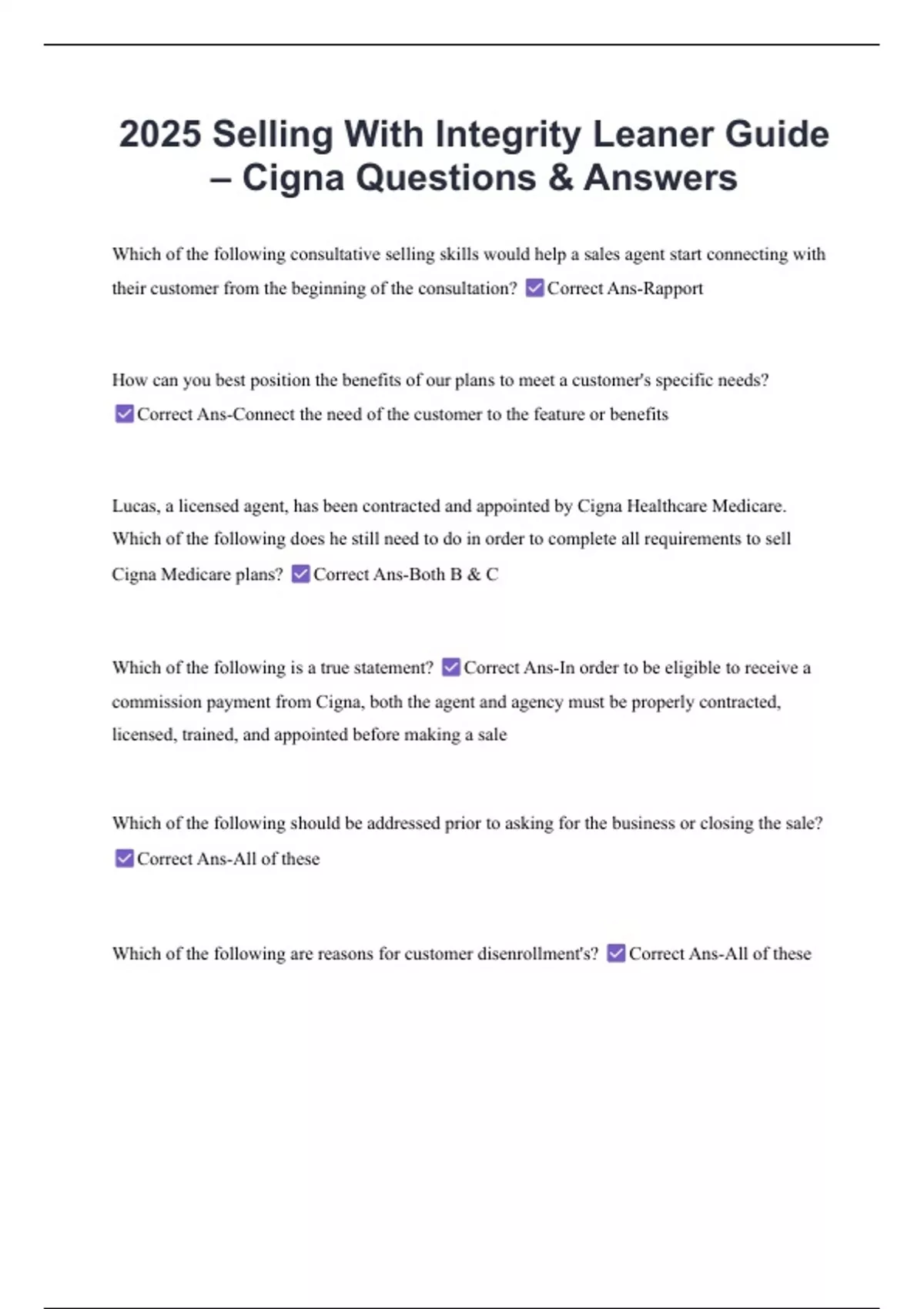 2025 Selling With Integrity Leaner Guide – Cigna Questions & Answers ...