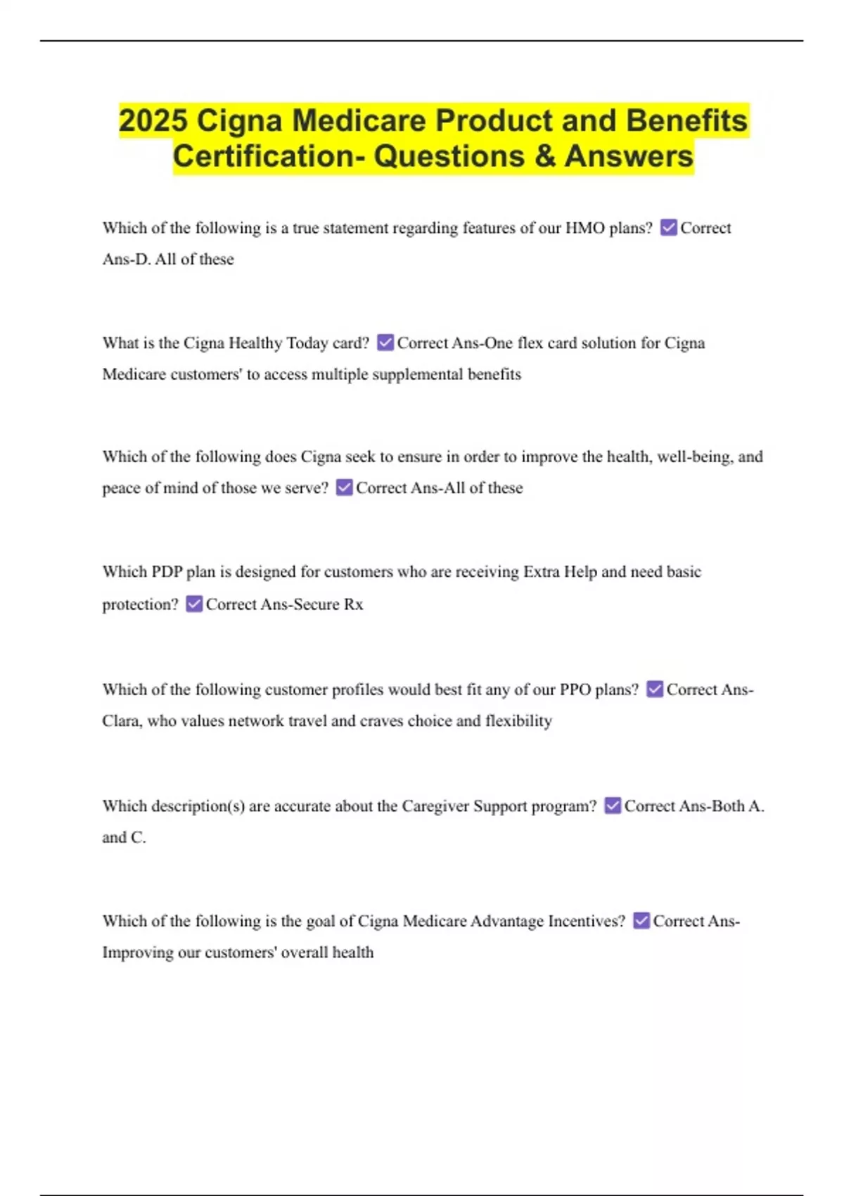 2025 Cigna Medicare Product and Benefits Certification- Questions & Answers - Cigna - Stuvia US