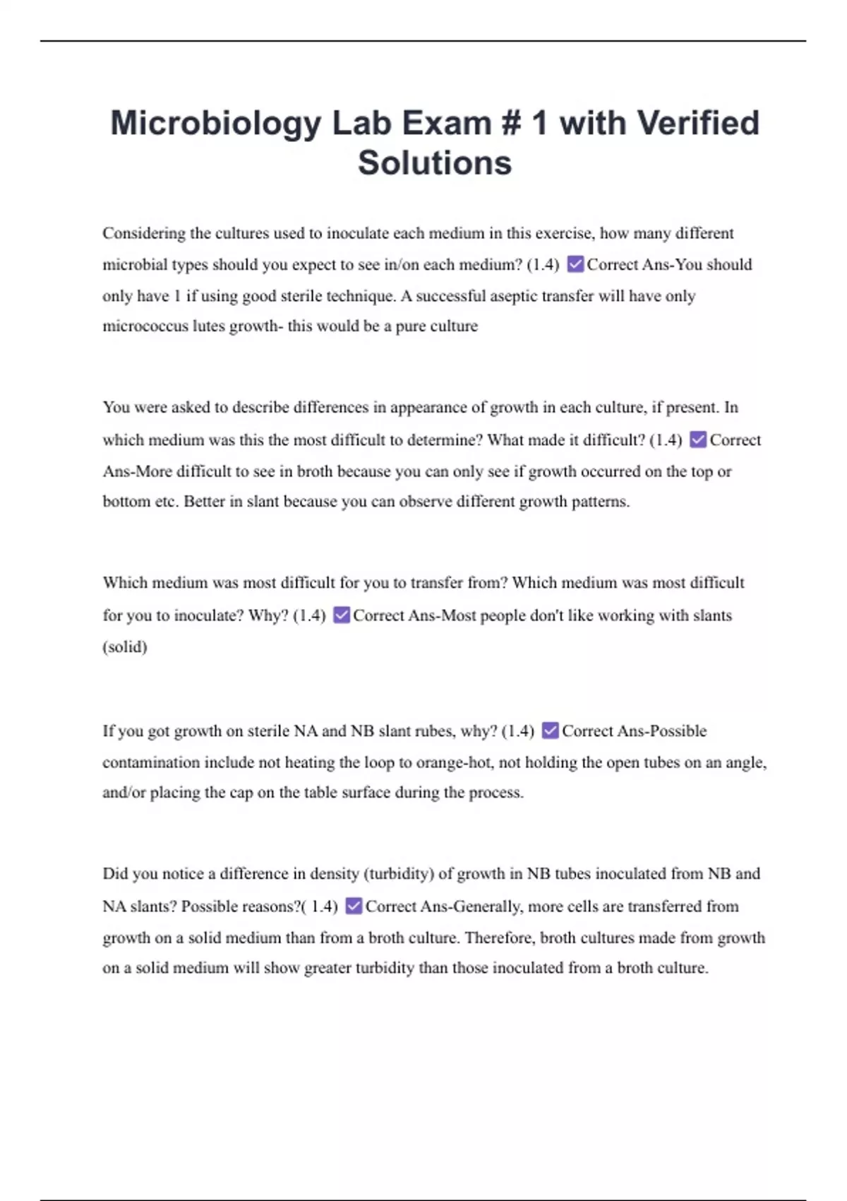 Microbiology Lab Exam # 1 with Verified Solutions - Microbiology Lab - Stuvia US