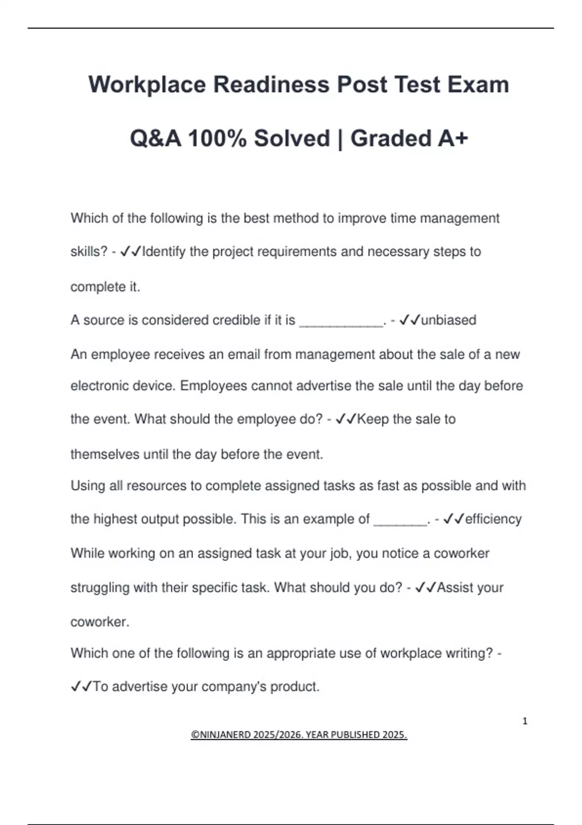 Workplace Readiness Post Test Exam Q&A 100% Solved | Graded A+ ...