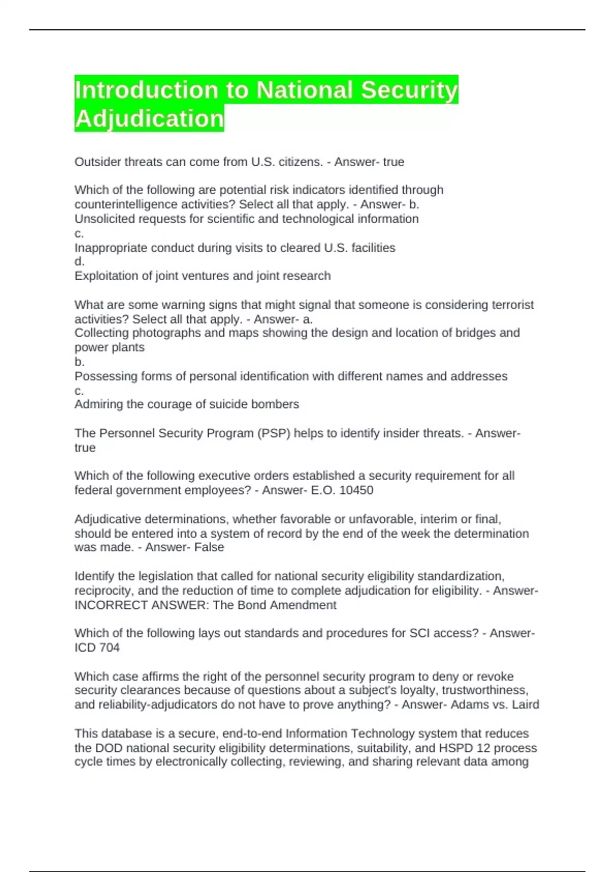 Introduction to National Security Adjudication Exam Questions and ...