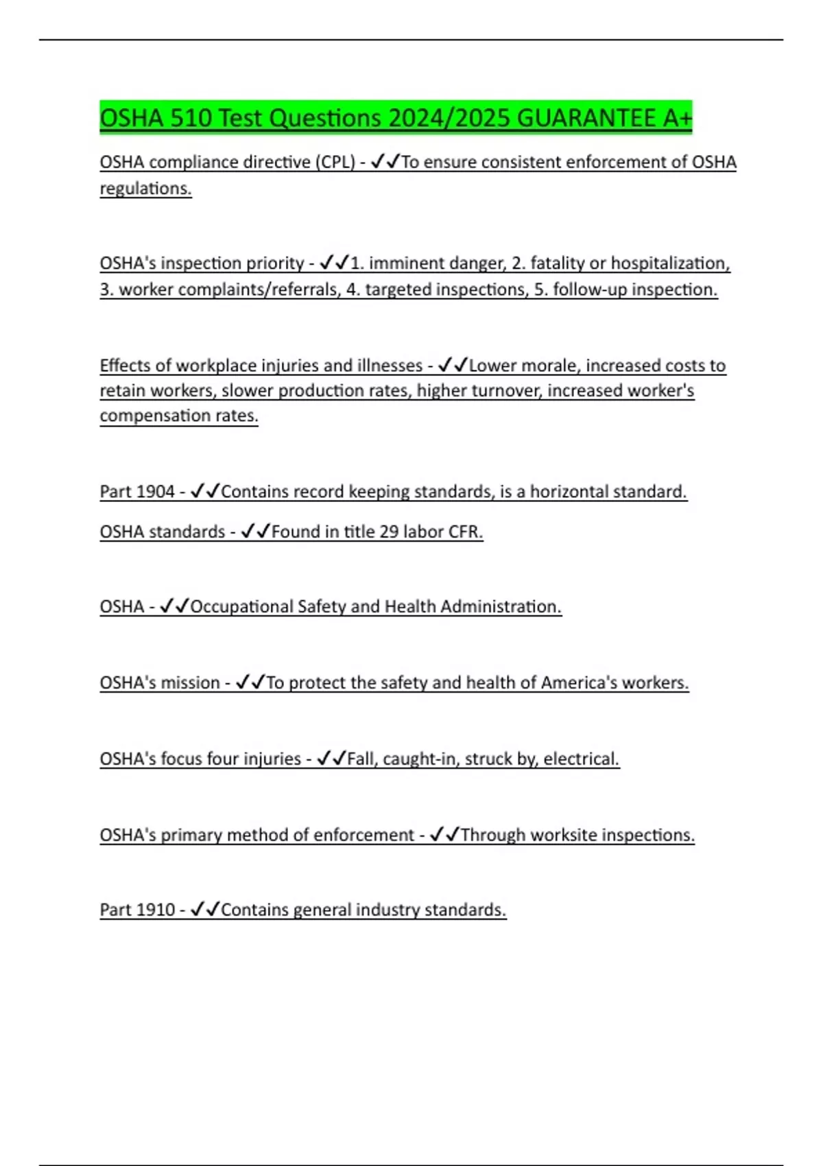 OSHA 510 Test Questions 2024/2025 GUARANTEE A+ - OSHA 510 - Stuvia US