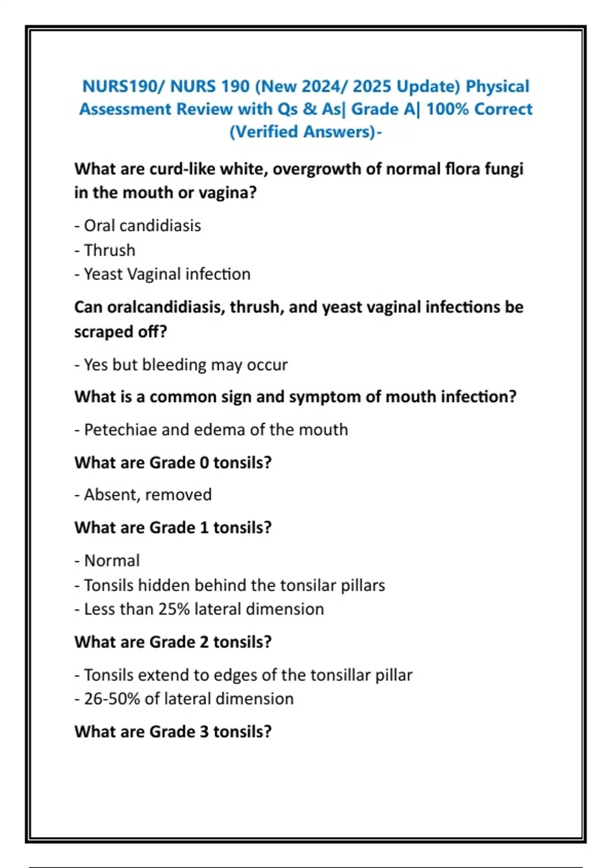 NURS190/ NURS 190 (New 2024/ 2025 Update) Physical Assessment Review with Qs & As| Grade A| 100% ...