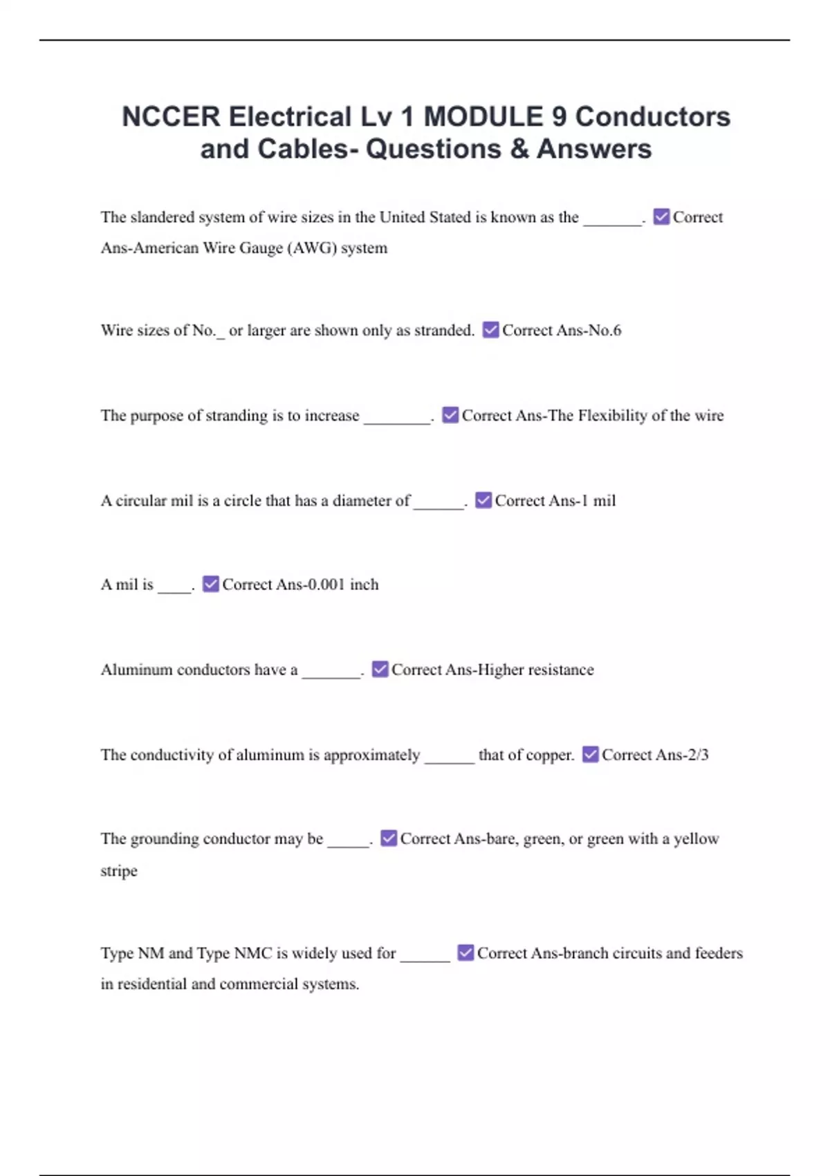 NCCER Electrical Lv 1 MODULE 9 Conductors and Cables- Questions ...