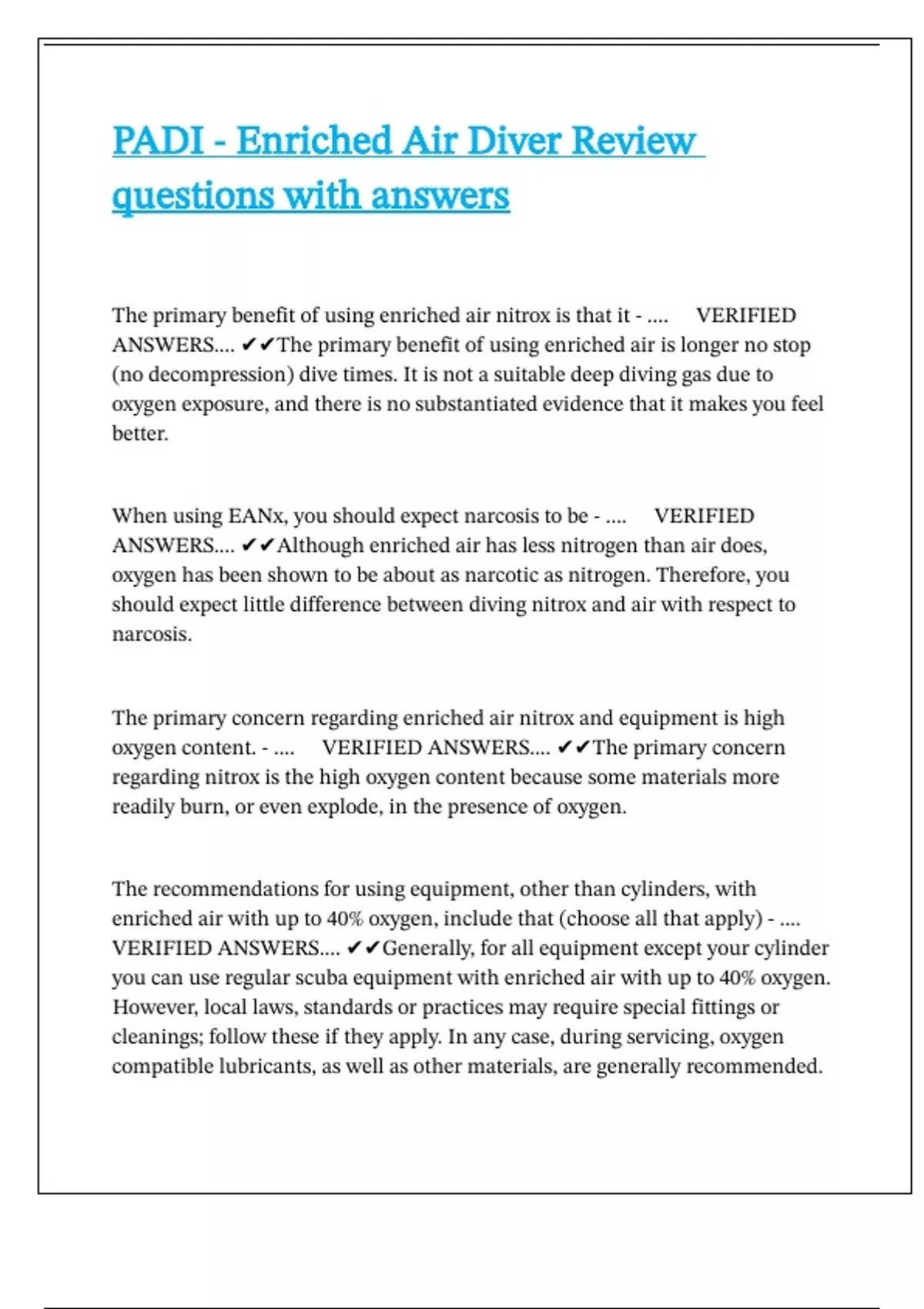 PADI - Enriched Air Diver Review questions with answers - PADI Enriched ...