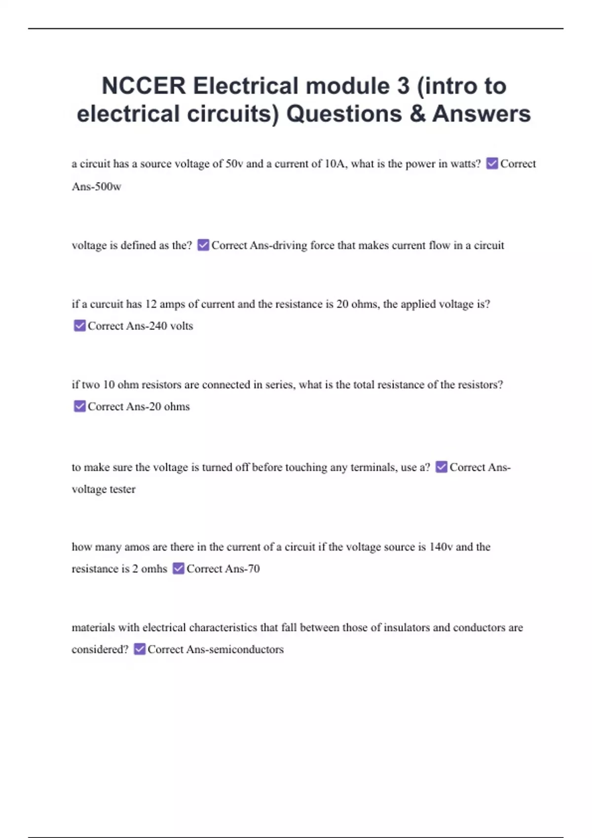 NCCER Electrical module 3 (intro to electrical circuits) Questions ...