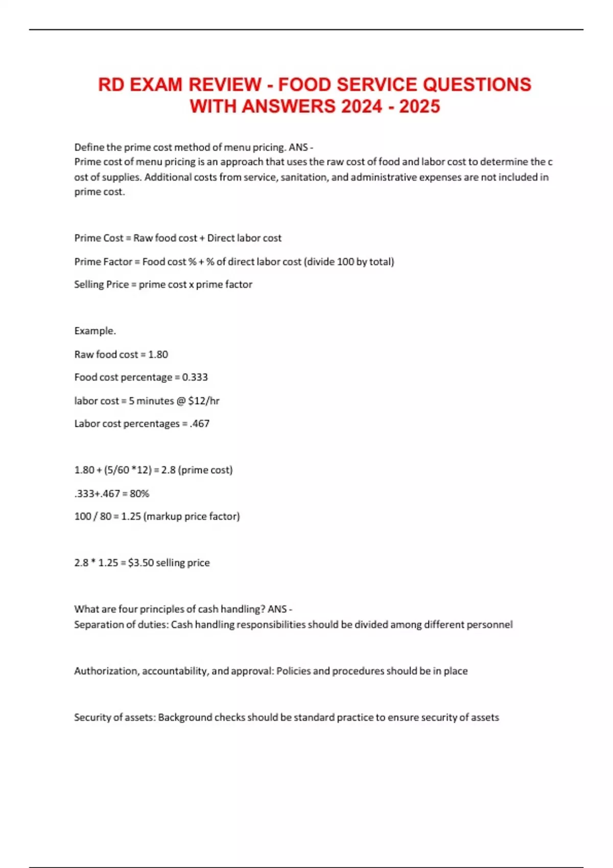 RD EXAM REVIEW - FOOD SERVICE QUESTIONS WITH ANSWERS - Warranty Service ...