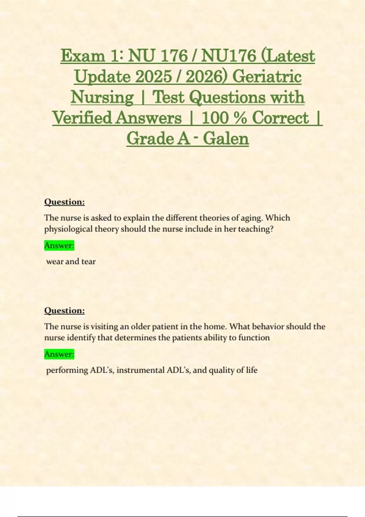 Exam 1: NU 176 / NU176 (Latest Update 2025 / 2026) Geriatric Nursing ...