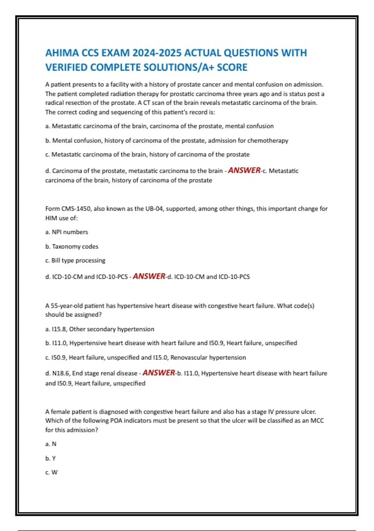 AHIMA CCS EXAM ACTUAL QUESTIONS WITH VERIFIED COMPLETE SOLUTIONS/A+ ...