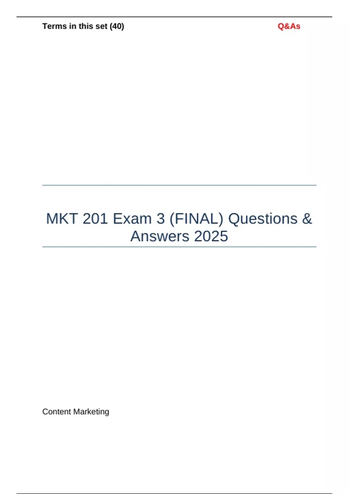 MKT 201 Exam 3 (FINAL) Questions & Answers 2025 - MKT 201 - Stuvia US