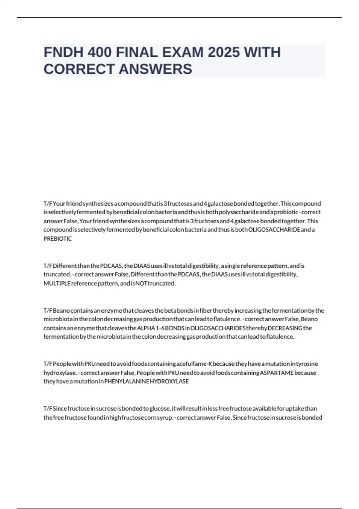 FNDH 400 FINAL EXAM 2025 WITH CORRECT ANSWERS - FNDH 400 - Stuvia US