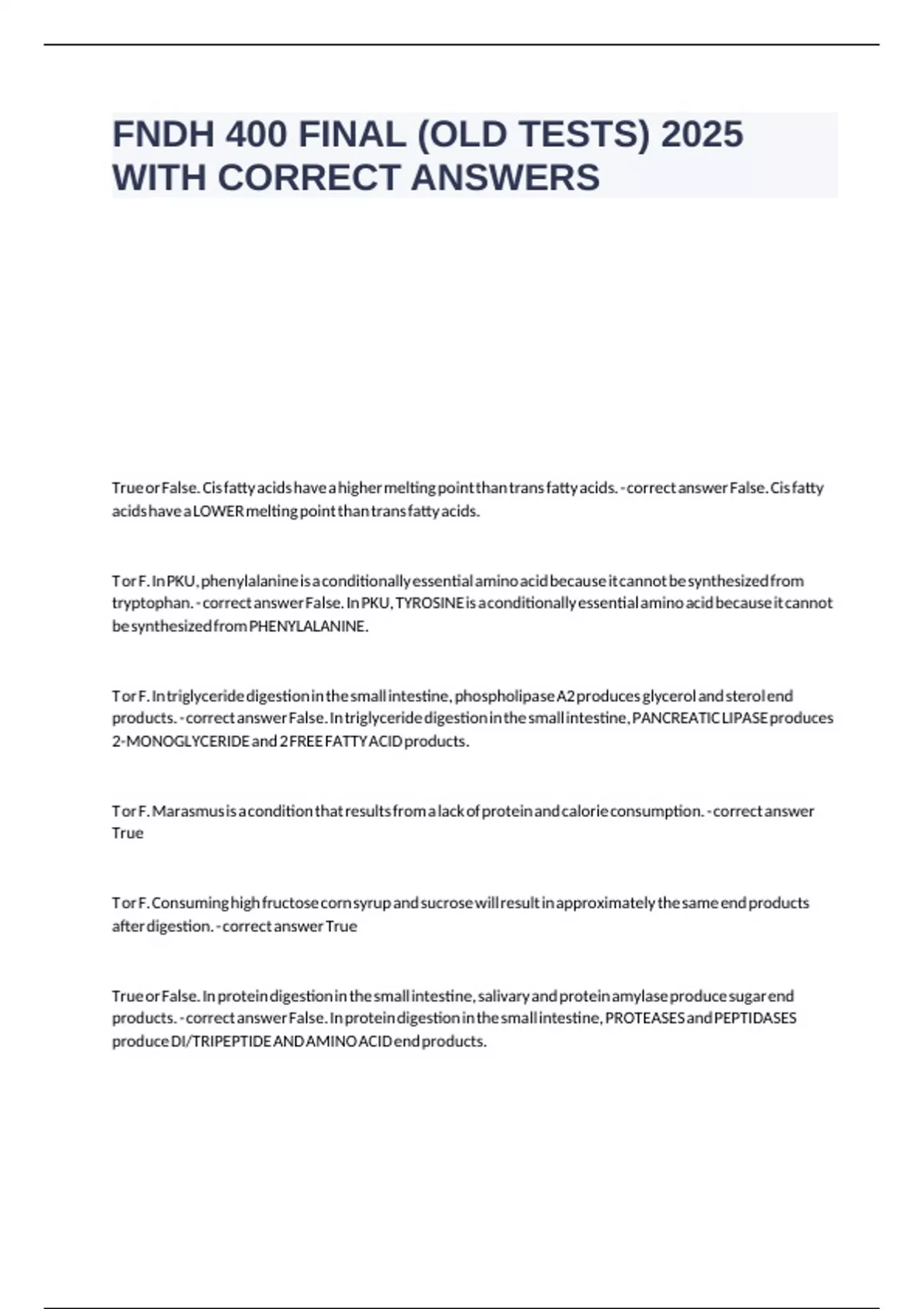 FNDH 400 FINAL (OLD TESTS) 2025 WITH CORRECT ANSWERS - FNDH 400 - Stuvia US