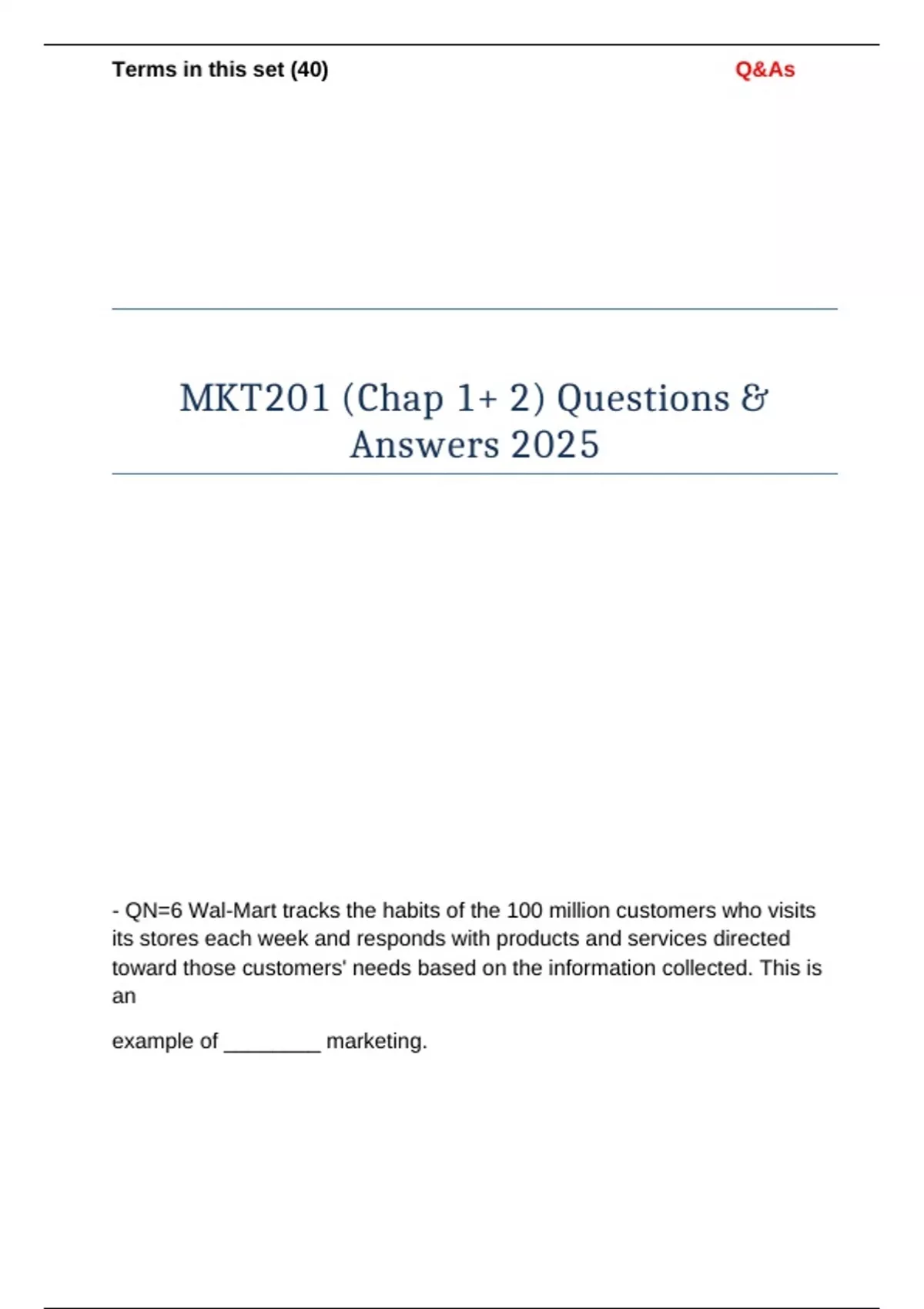 MKT201 (Chap 1+ 2) Questions & Answers 2025 - MKT 201 - Stuvia US