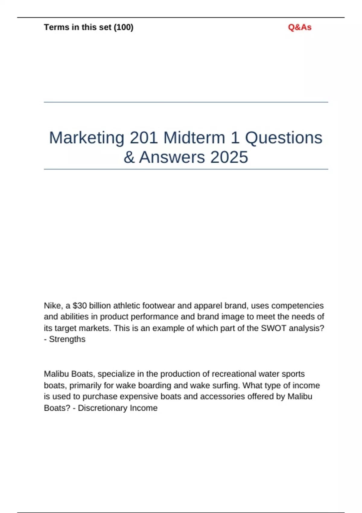 Marketing 201 Midterm 1 Questions & Answers 2025 - MKT 201 - Stuvia US