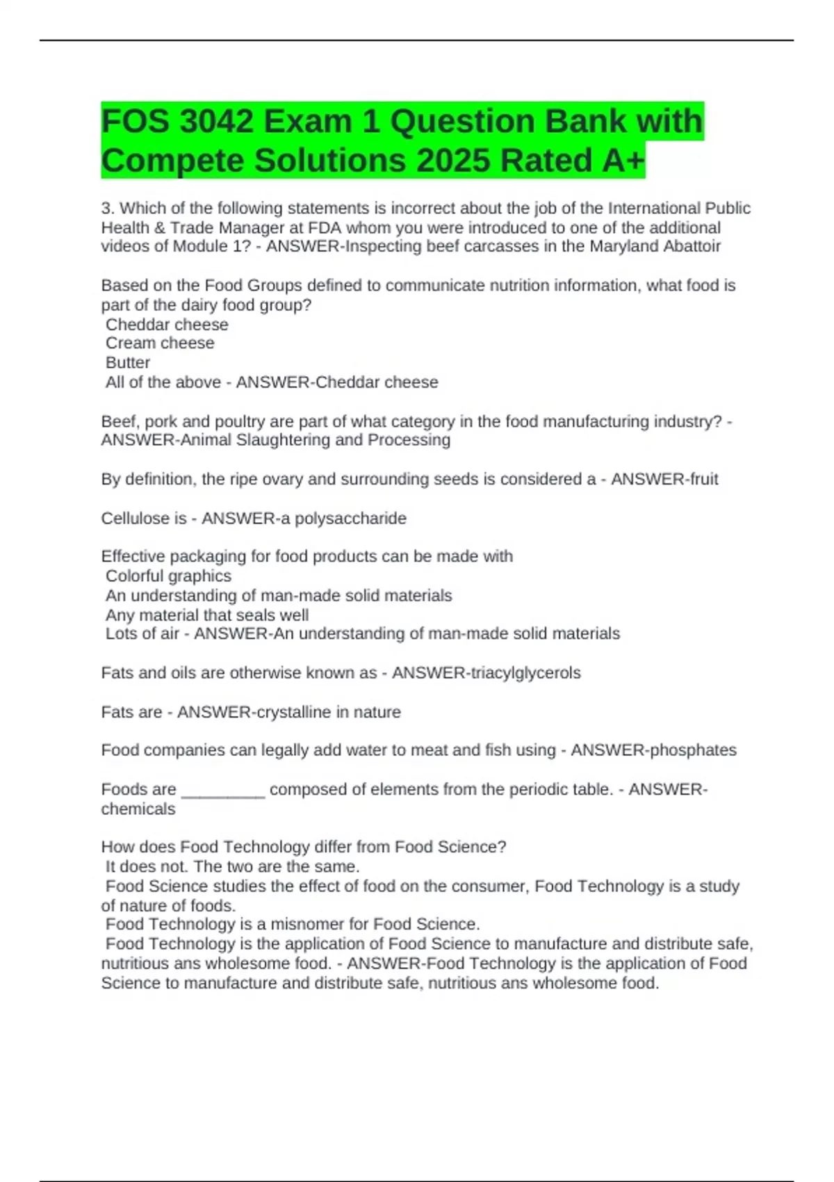 FOS 3042 Exam 1 Question Bank with Compete Solutions 2025 Rated A+ ...