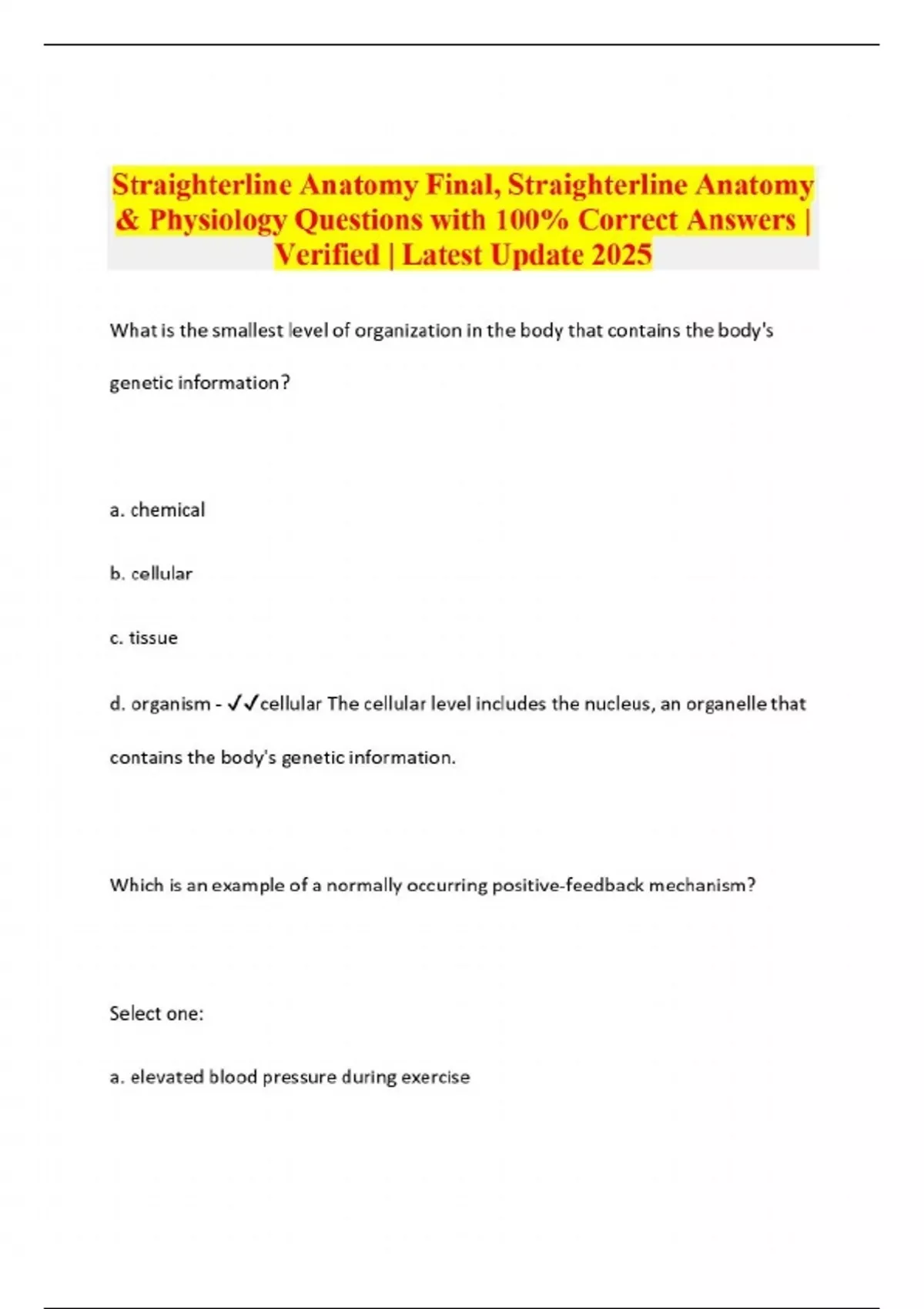 Straighterline Anatomy Final, Straighterline Anatomy & Physiology Questions with 100% Correct ...