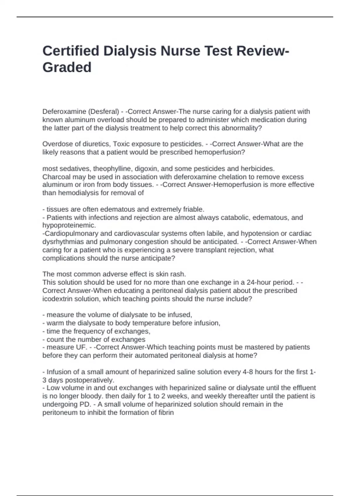 Certified Dialysis Nurse Test Review-Graded A - Cdn - Stuvia US