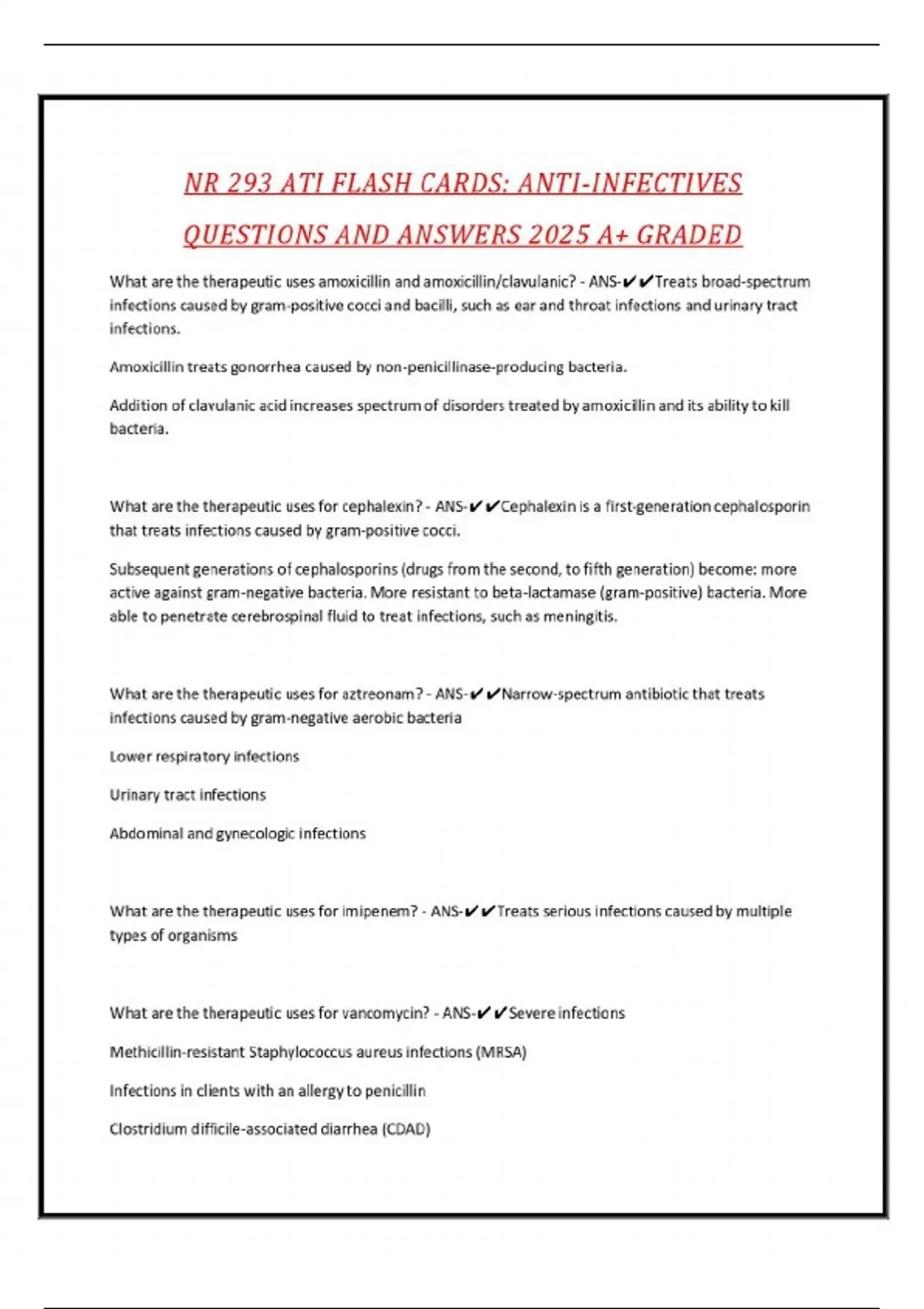 NR 293 ATI FLASH CARDS: ANTI-INFECTIVES QUESTIONS AND ANSWERS 2025 A+ ...