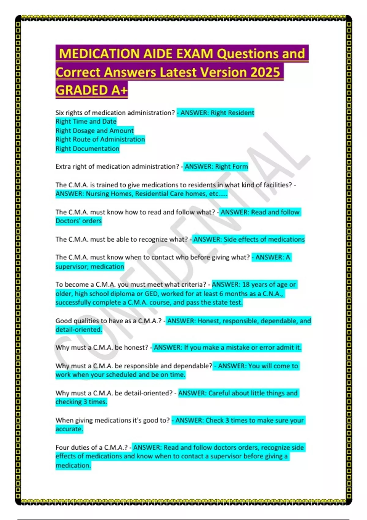 MEDICATION AIDE EXAM Questions and Correct Answers Latest Version 2025 ...