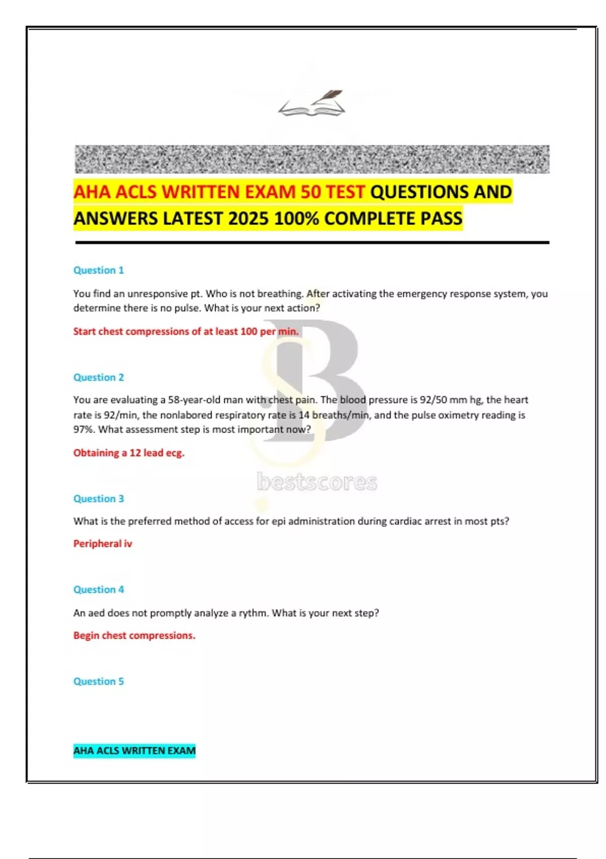 AHA ACLS WRITTEN EXAM 50 TEST QUESTIONS AND ANSWERS LATEST 2025 100% ...
