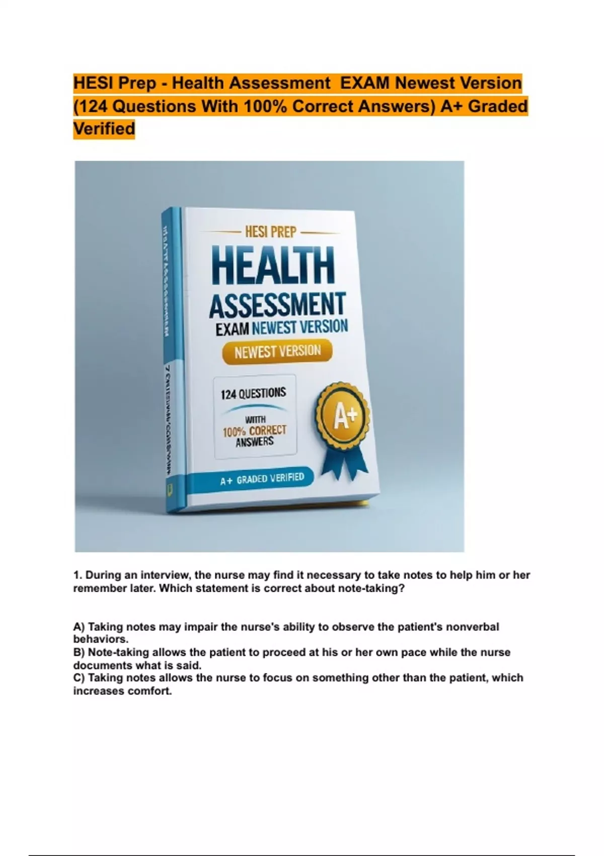 HESI Prep - Health Assessment EXAM 2025 Newest Version (124 Questions ...