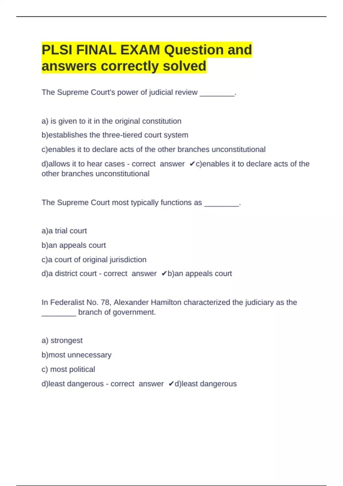 PLSI FINAL EXAM Question and answers correctly solved - PLSI - Stuvia US