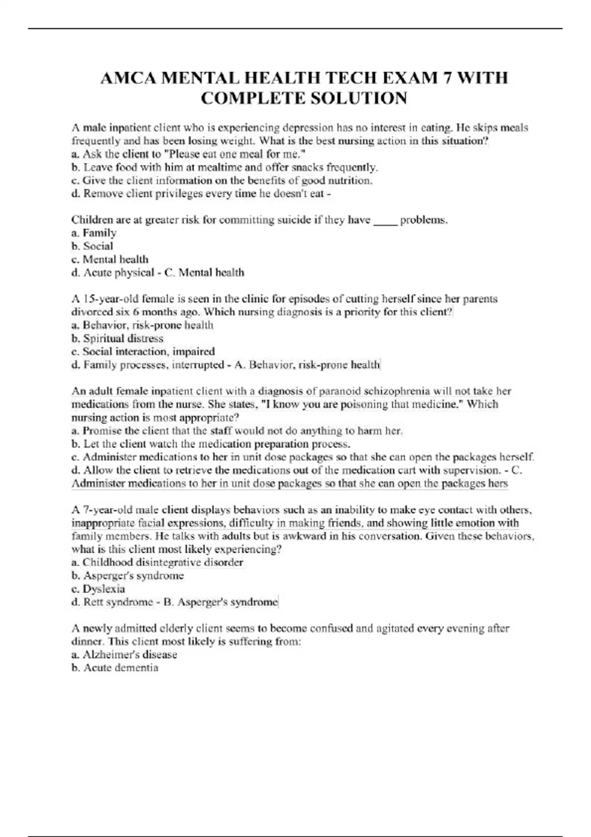 AMCA MENTAL HEALTH TECH EXAM 7 WITH COMPLETE SOLUTION - AMCA MENTAL ...