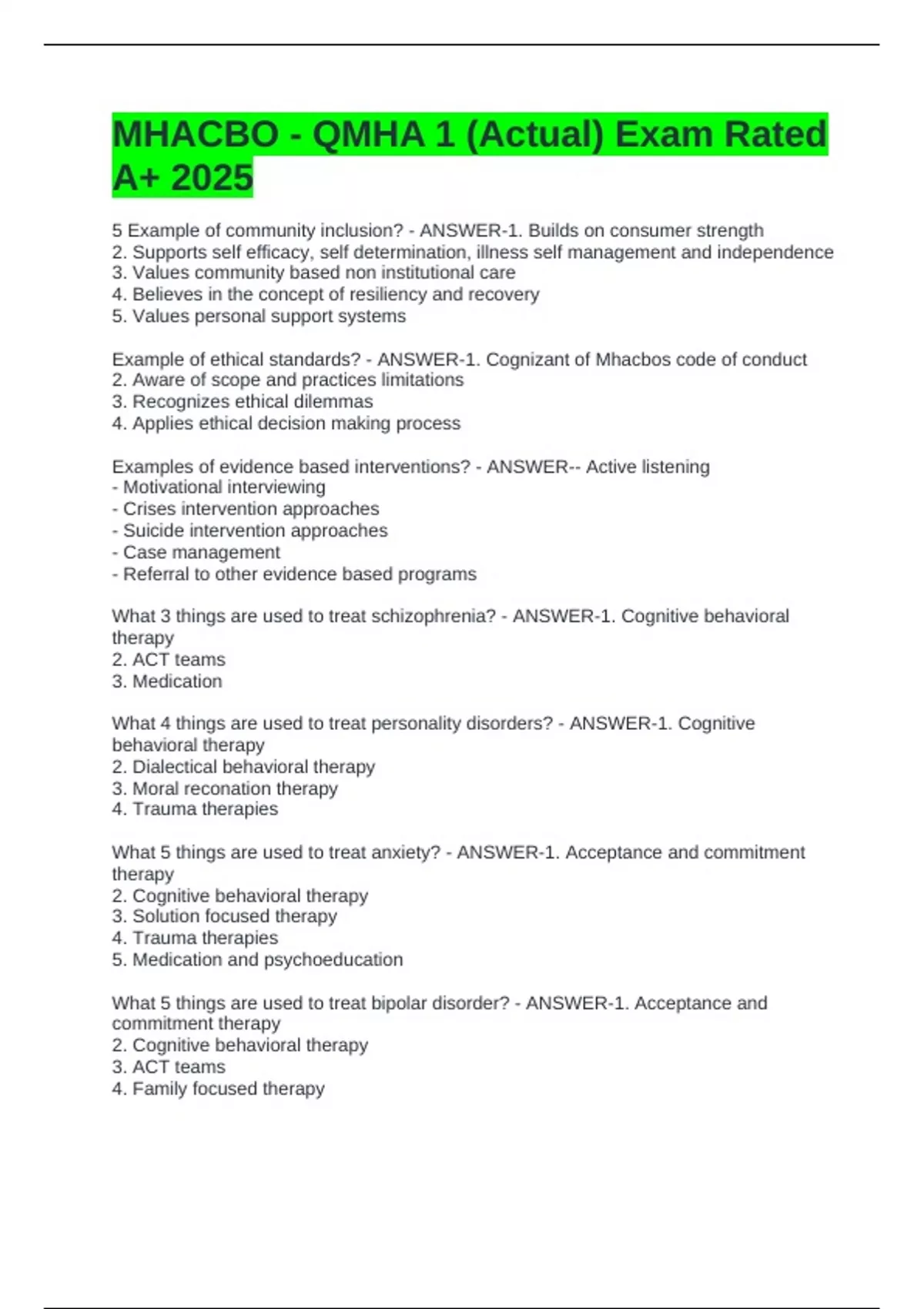 MHACBO - QMHA 1 (Actual) Exam Rated A+ 2025 - MHACBO - QMHA - Stuvia US