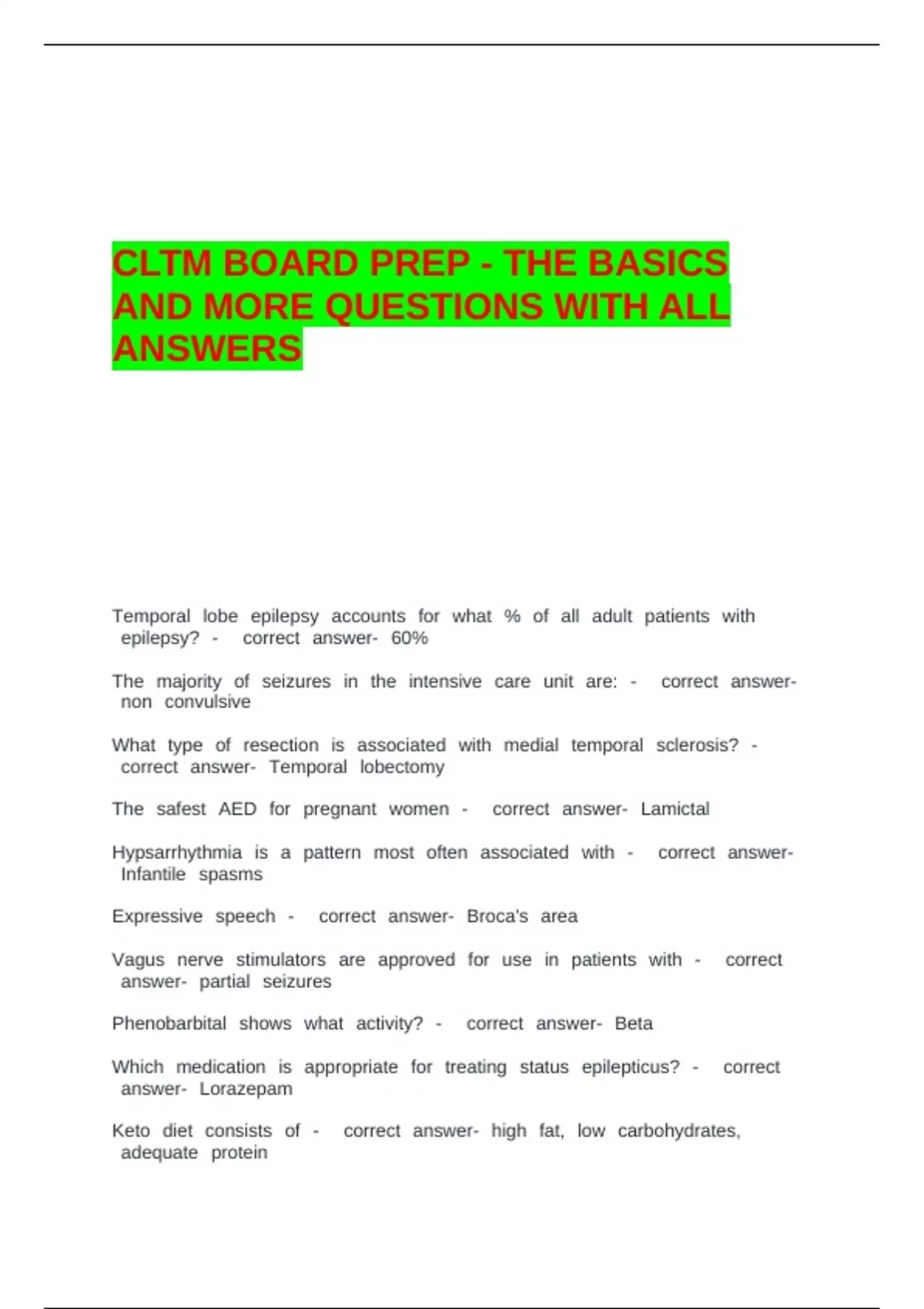 CLTM BOARD PREP - THE BASICS AND MORE QUESTIONS WITH ALL ANSWERS ...