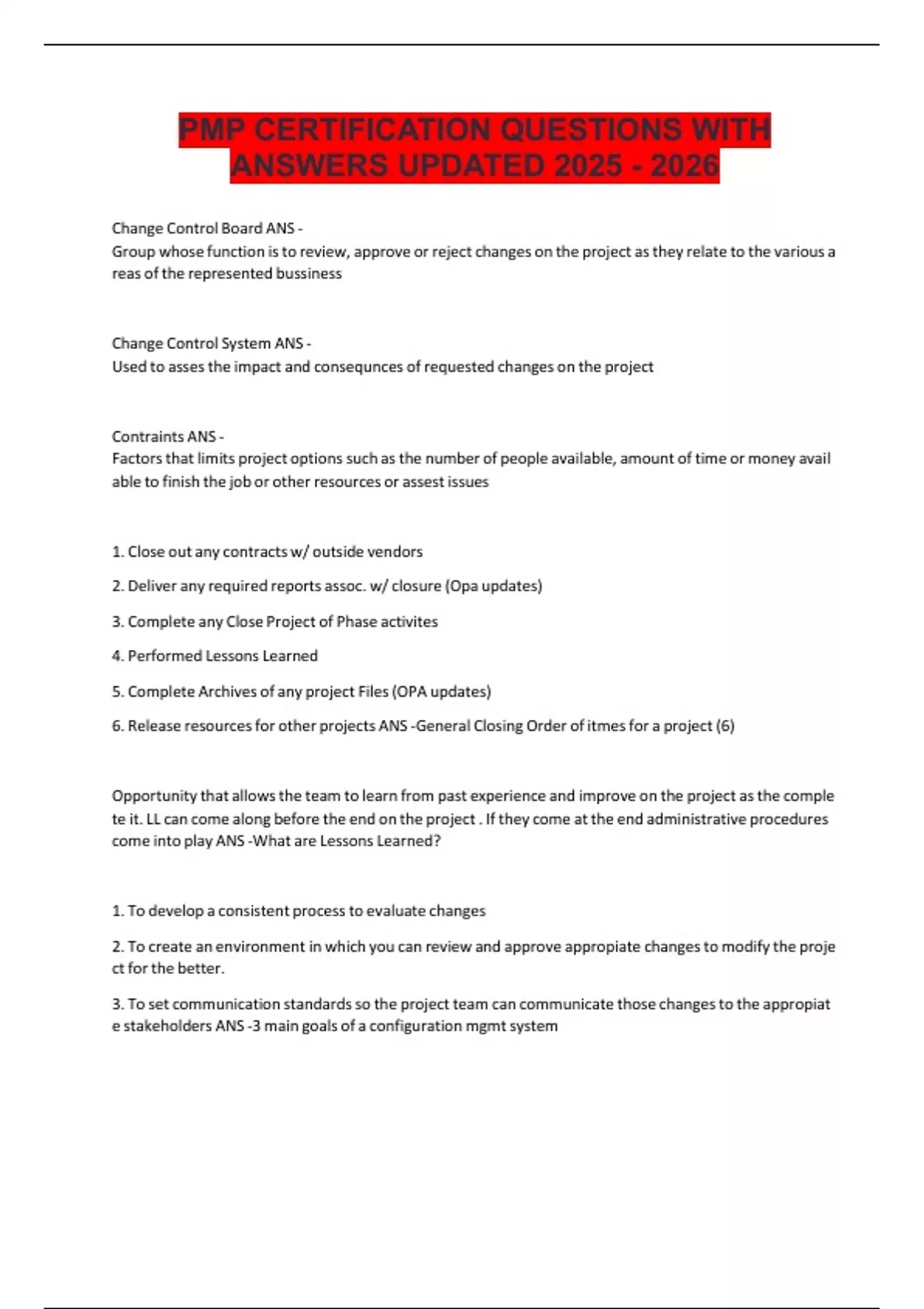 PMP CERTIFICATION QUESTIONS WITH ANSWERS UPDATED - Warranty Service ...