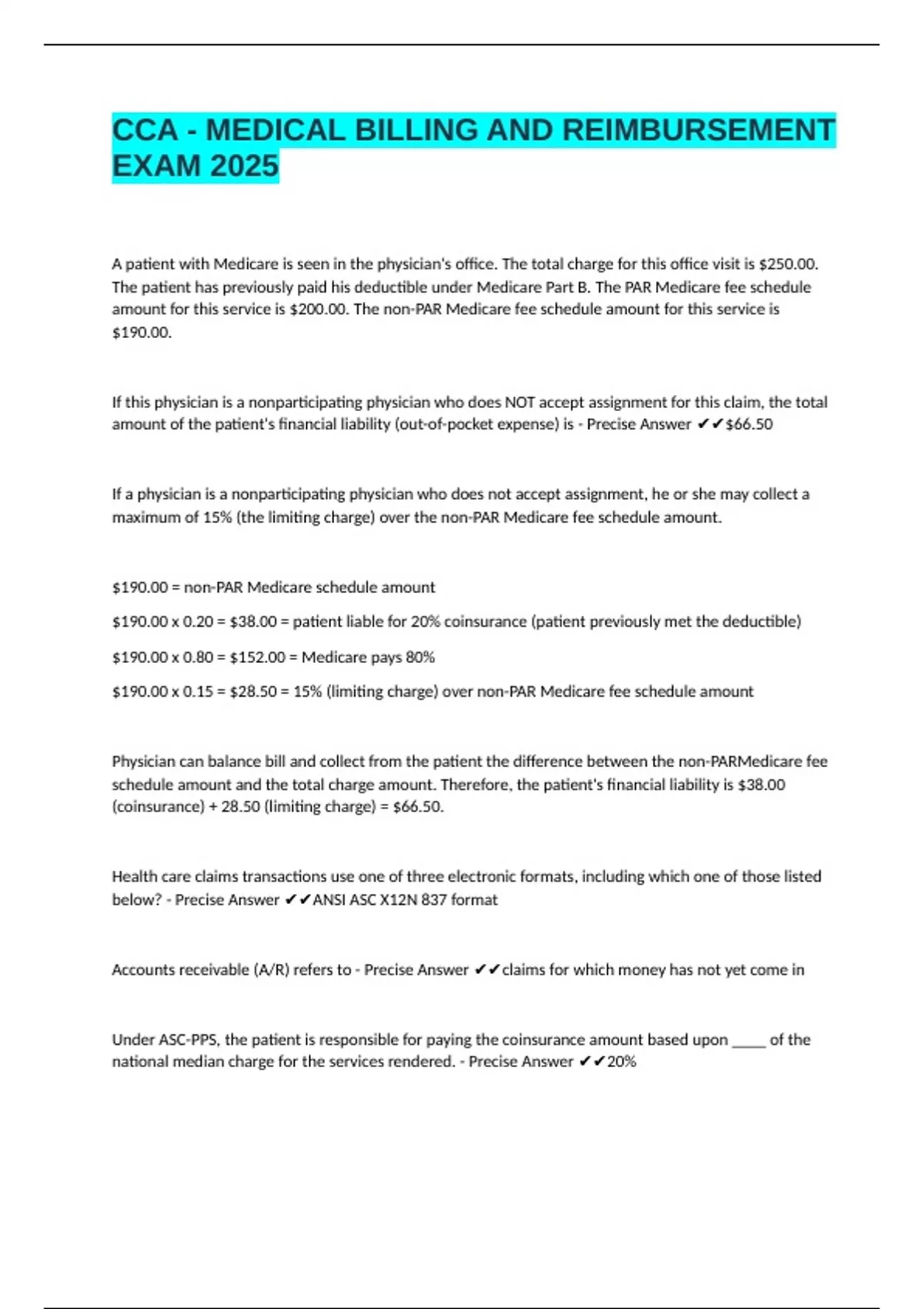 CCA - MEDICAL BILLING AND REIMBURSEMENT EXAM 2025 - CCA - MEDICAL ...