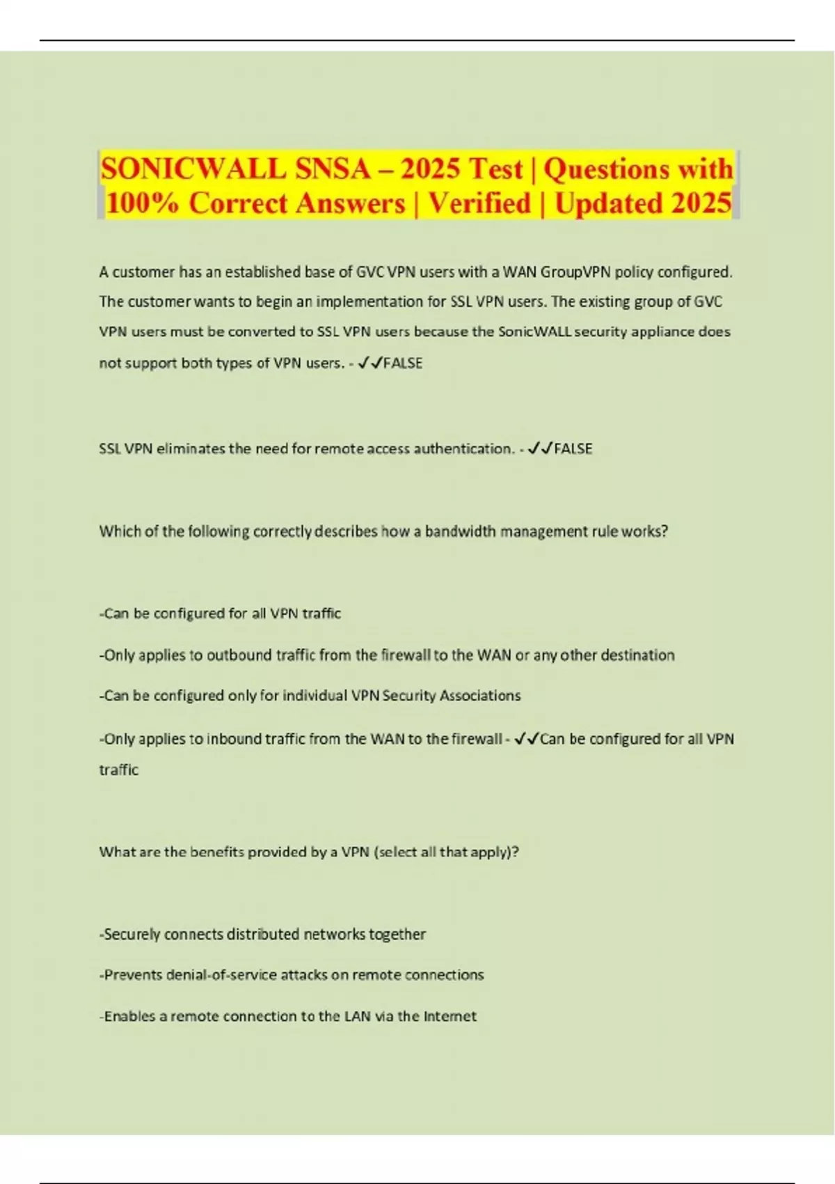 SONICWALL SNSA – 2025 Test | Questions with 100% Correct Answers ...