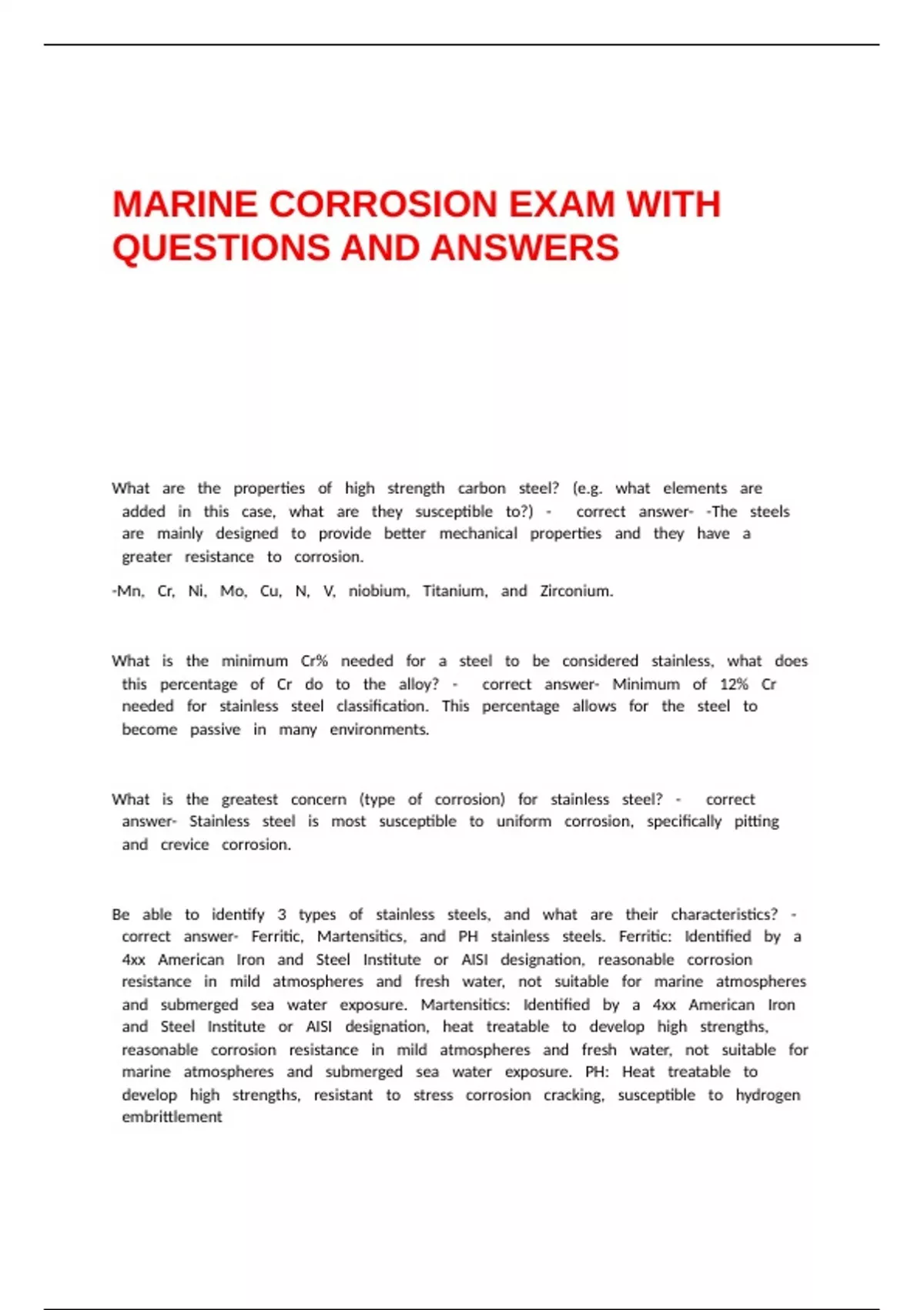 MARINE CORROSION EXAM WITH QUESTIONS AND ANSWERS - ABYC - Stuvia US