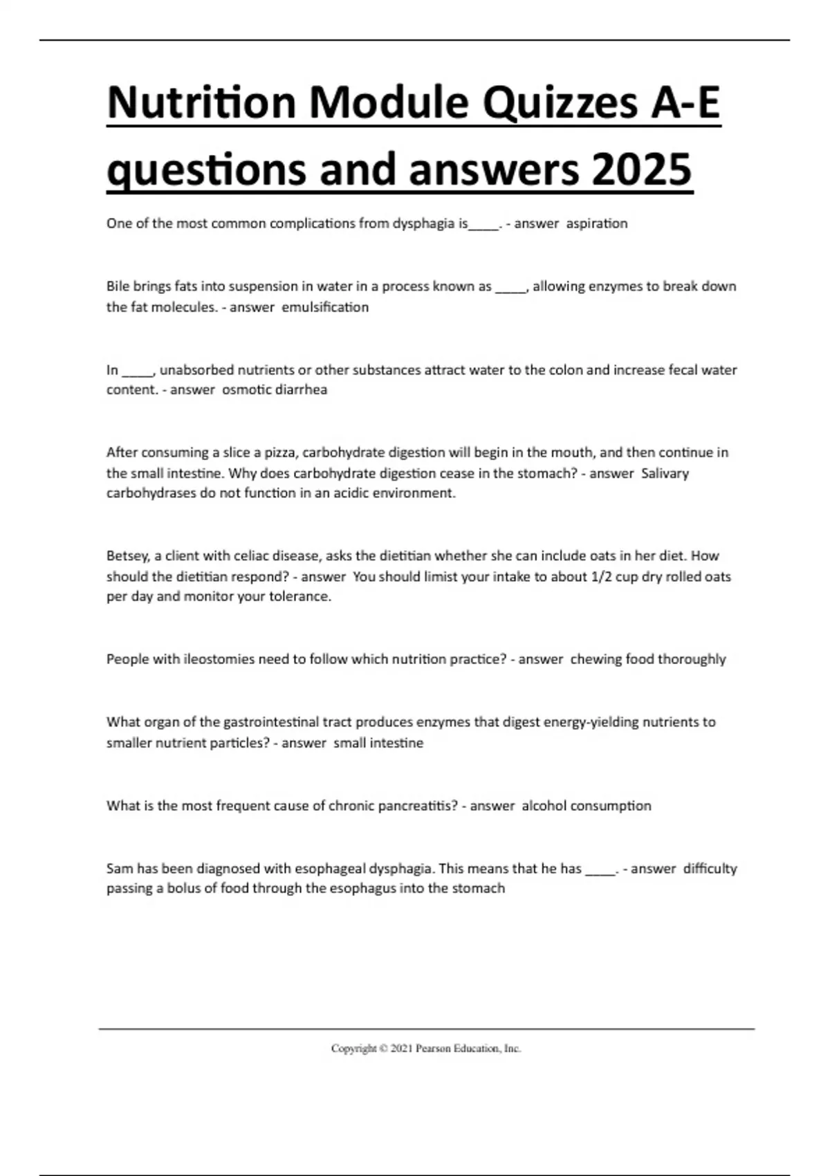 Nutrition Module Quizzes A-E questions and answers 2025 - HP432 - Stuvia US