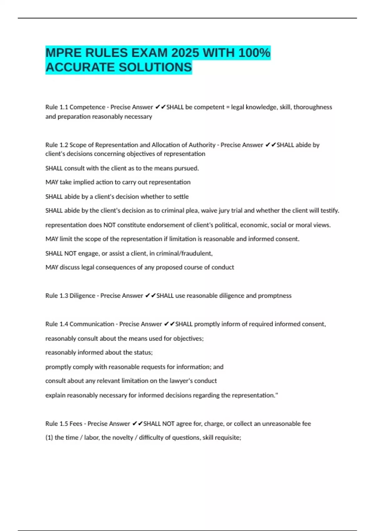MPRE RULES EXAM 2025 WITH 100% ACCURATE SOLUTIONS - MPRE RULES - Stuvia US