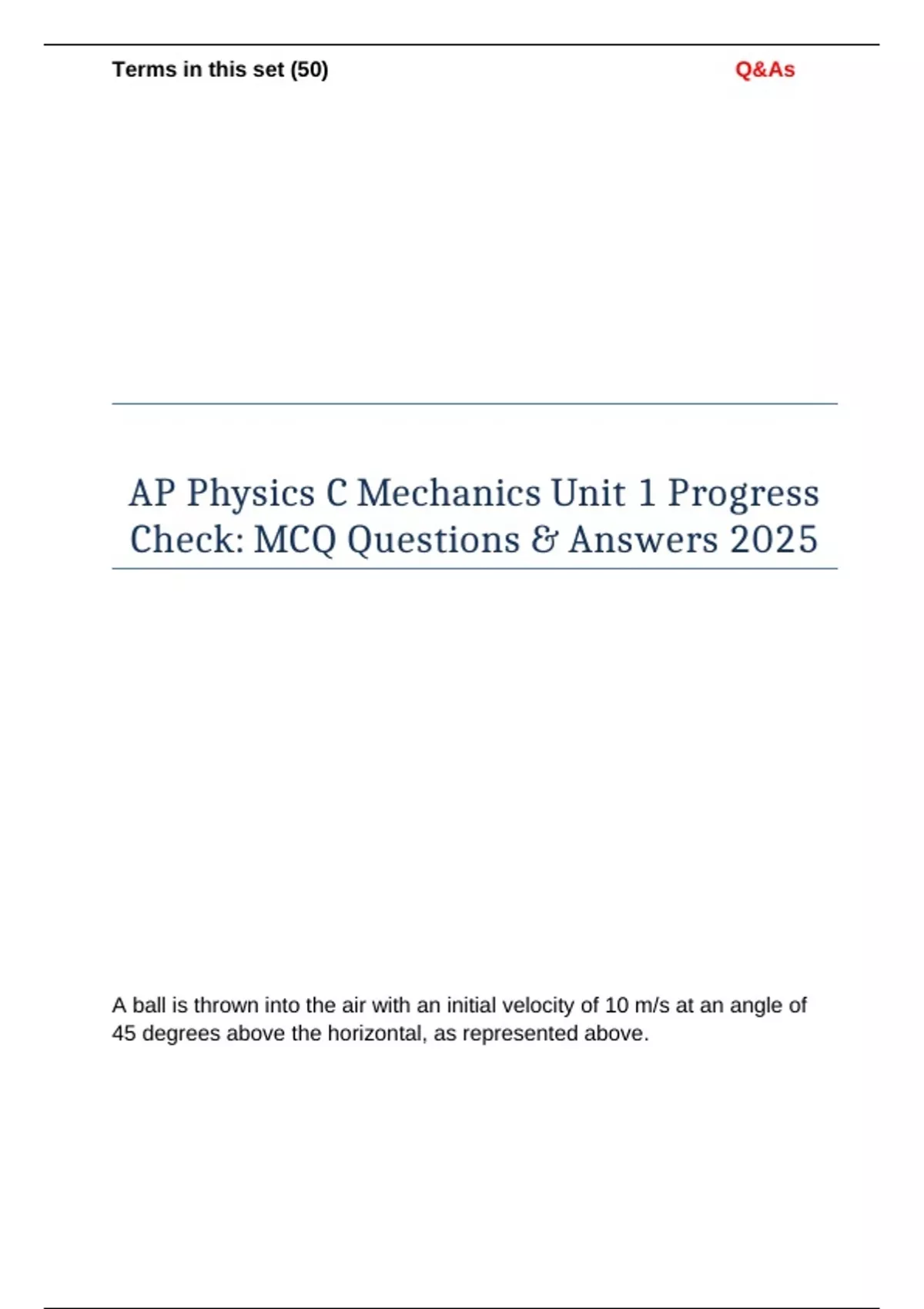 AP Physics C Mechanics Unit 1 Progress Check MCQ Questions And Answers ...