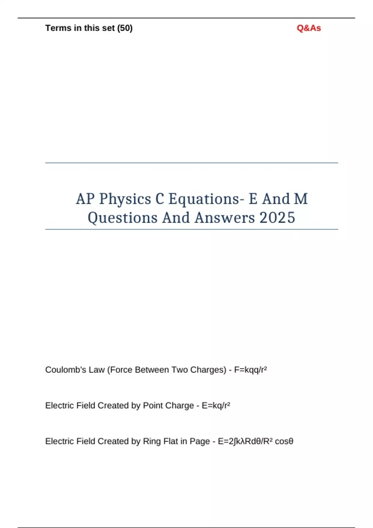 AP Physics C Equations- E And M Questions And Answers 2025 - Ap physics ...