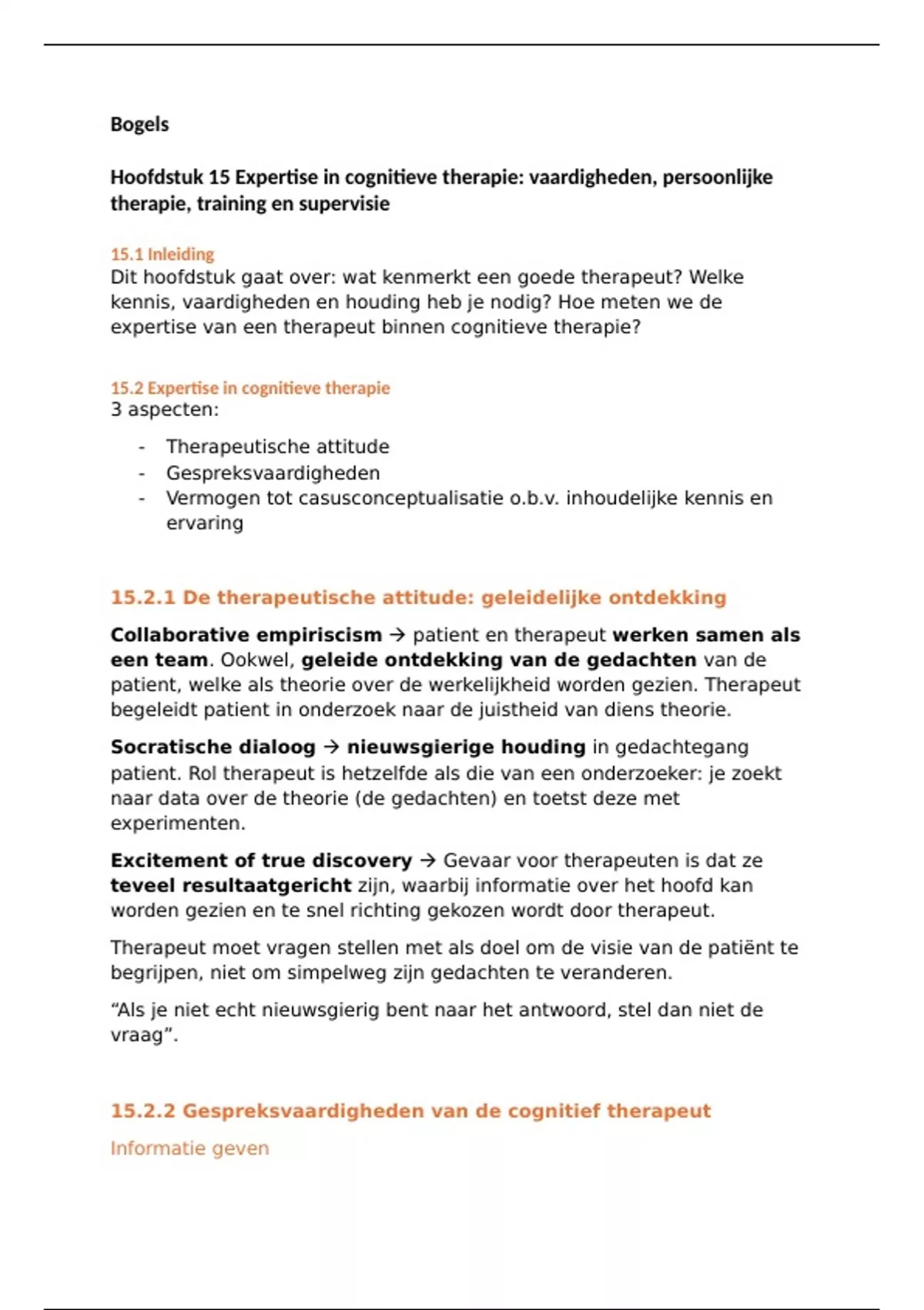 Samenvatting Bögels Hoofdstuk 15 Expertise in cognitieve therapie: vaardigheden, persoonlijke ...