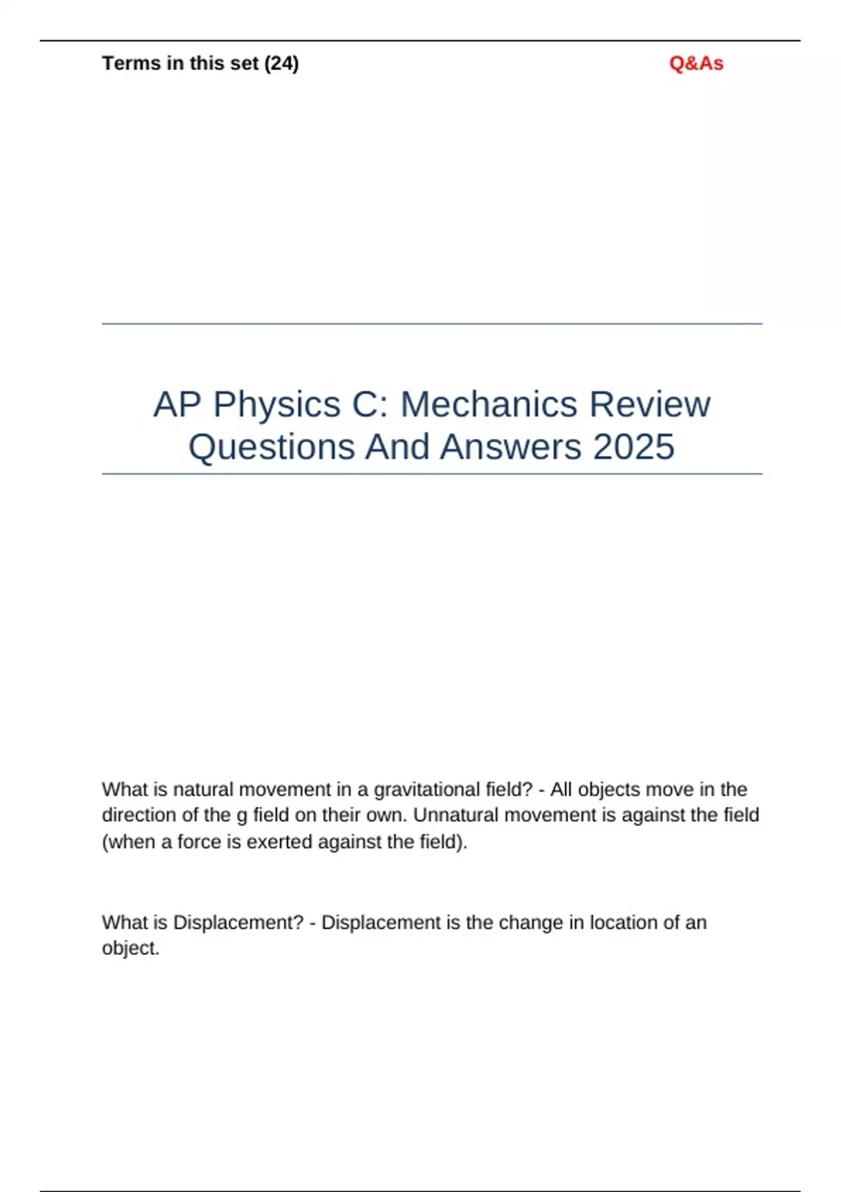 AP Physics C Mechanics Review Questions And Answers 2025 - Ap physics C ...