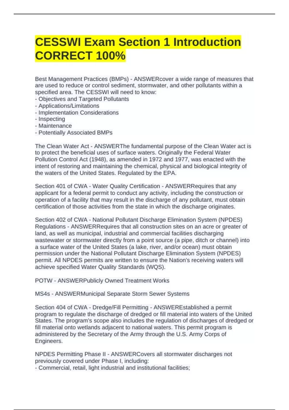 CESSWI Exam Section 1 Introduction CORRECT 100% - CESSWI Section 1 ...