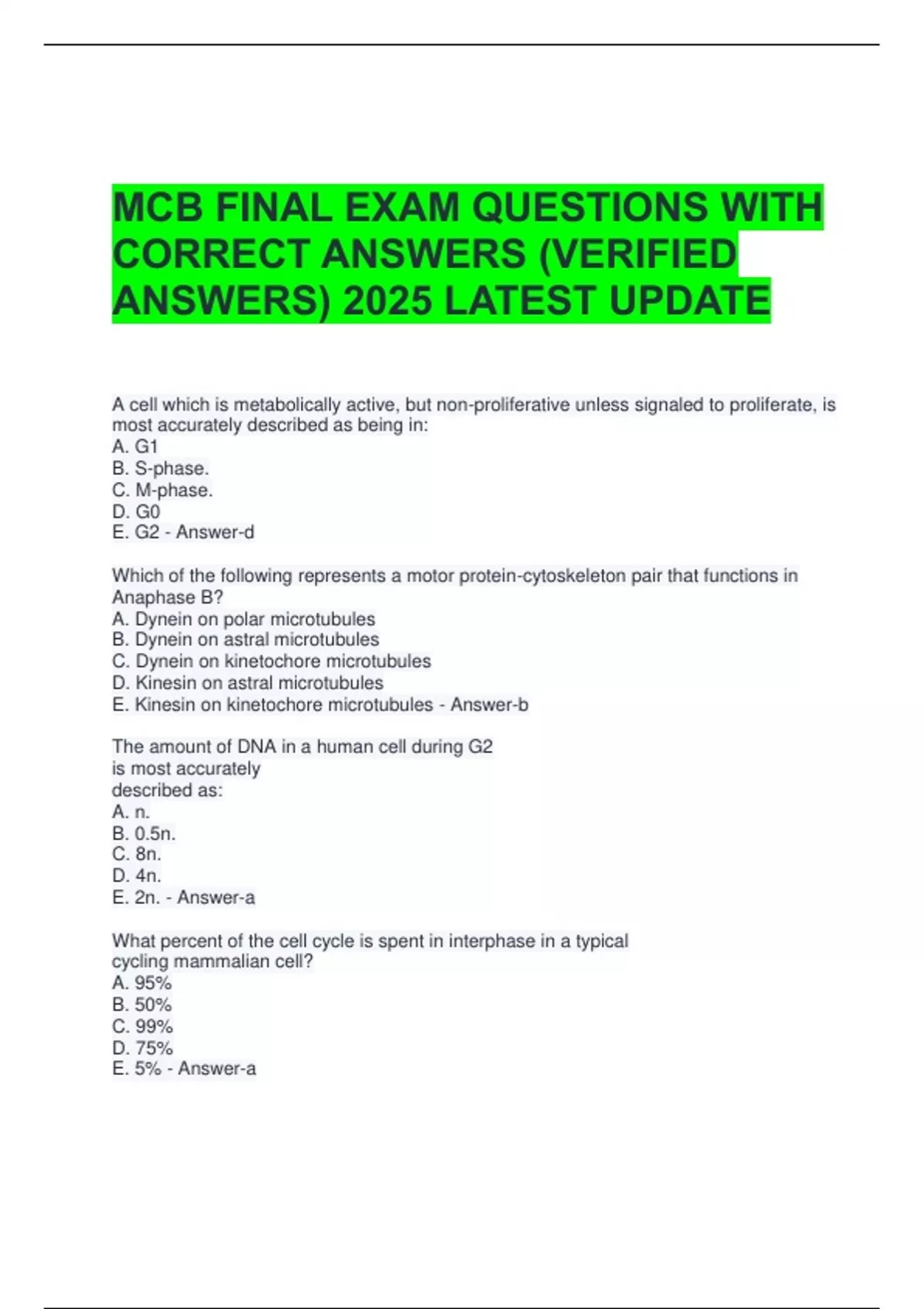 MCB FINAL EXAM QUESTIONS WITH CORRECT ANSWERS (VERIFIED ANSWERS) 2025 ...