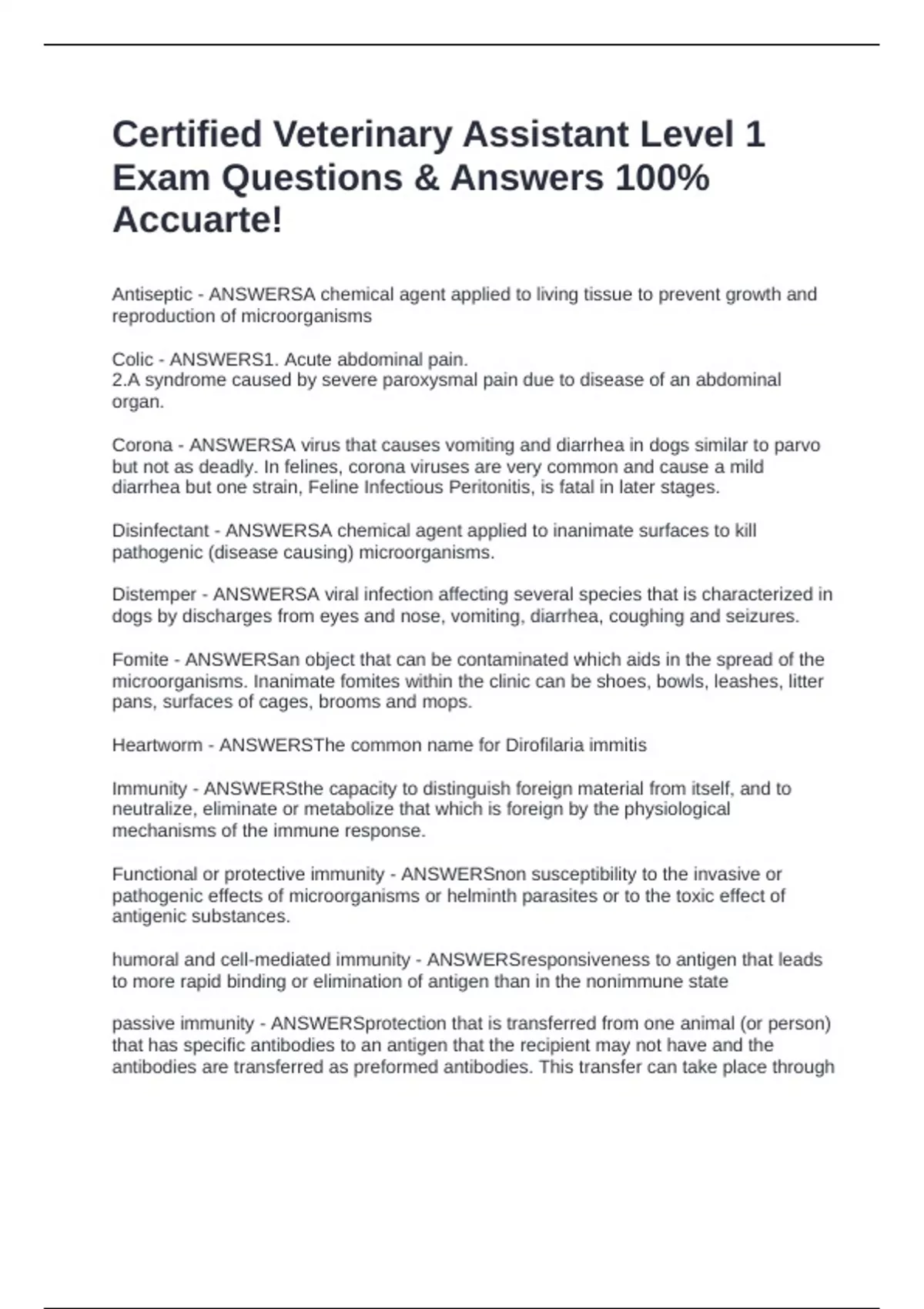 Certified Veterinary Assistant Level 1 Exam Questions & Answers 100% Accuarte! - Certified ...