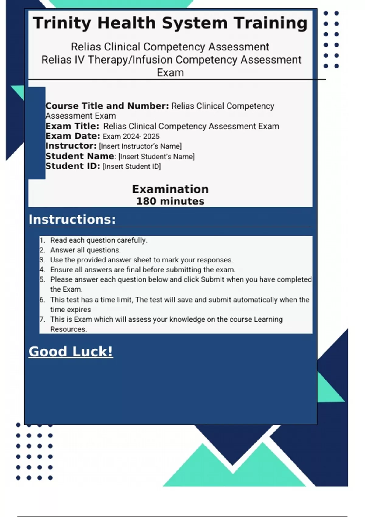 Relias IV Therapy/Infusion Competency Assessment Exam Content Outline ...