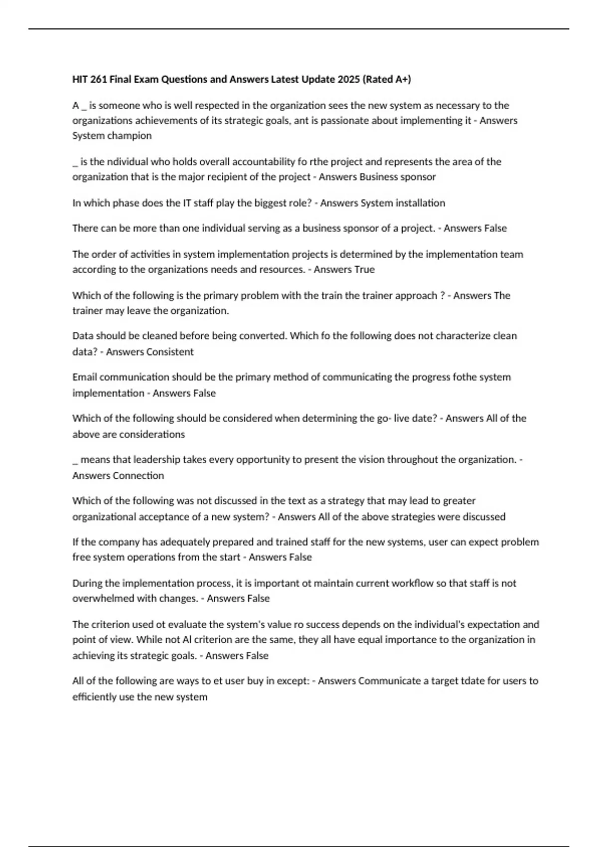 HIT 261 Final Exam Questions and Answers Latest Update 2025 (Rated A+ ...